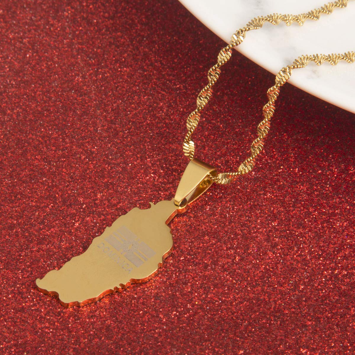 Stainless Steel The Commonwealth of Dominica Map Flag Pendant Chain