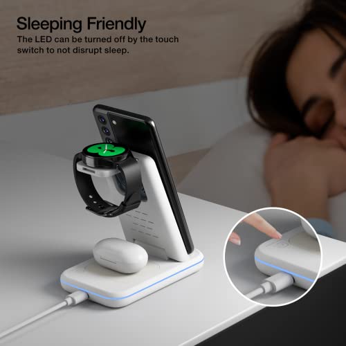 Wireless Charger for Samsung/Android, HOLYJOY Foldable 3 in 1 Fast Charging Station/Stand/Multi Charger for Samsung S24/S23/S22/Note 20, Travel Pad for Galaxy Watch 6/5/4/3/Active 2, for Buds(White)