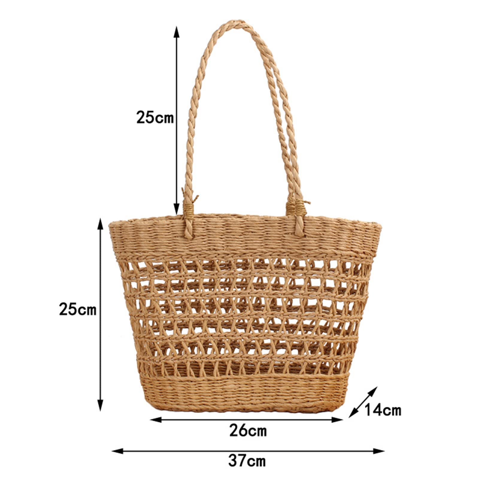 Women Beach Tote Bag, Plain Woven Hollow-Out Straw Beach Crochet Tote Bag Purse Straw Handbag (Camel, One Size)
