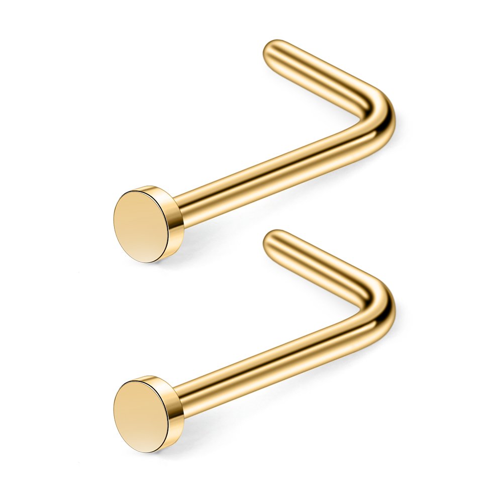 Ruifan 18G 316L Surgical Steel Nose Stud L Shaped Ring with 2MM Flat Top Piercing Jewelry 2PCS - Gold