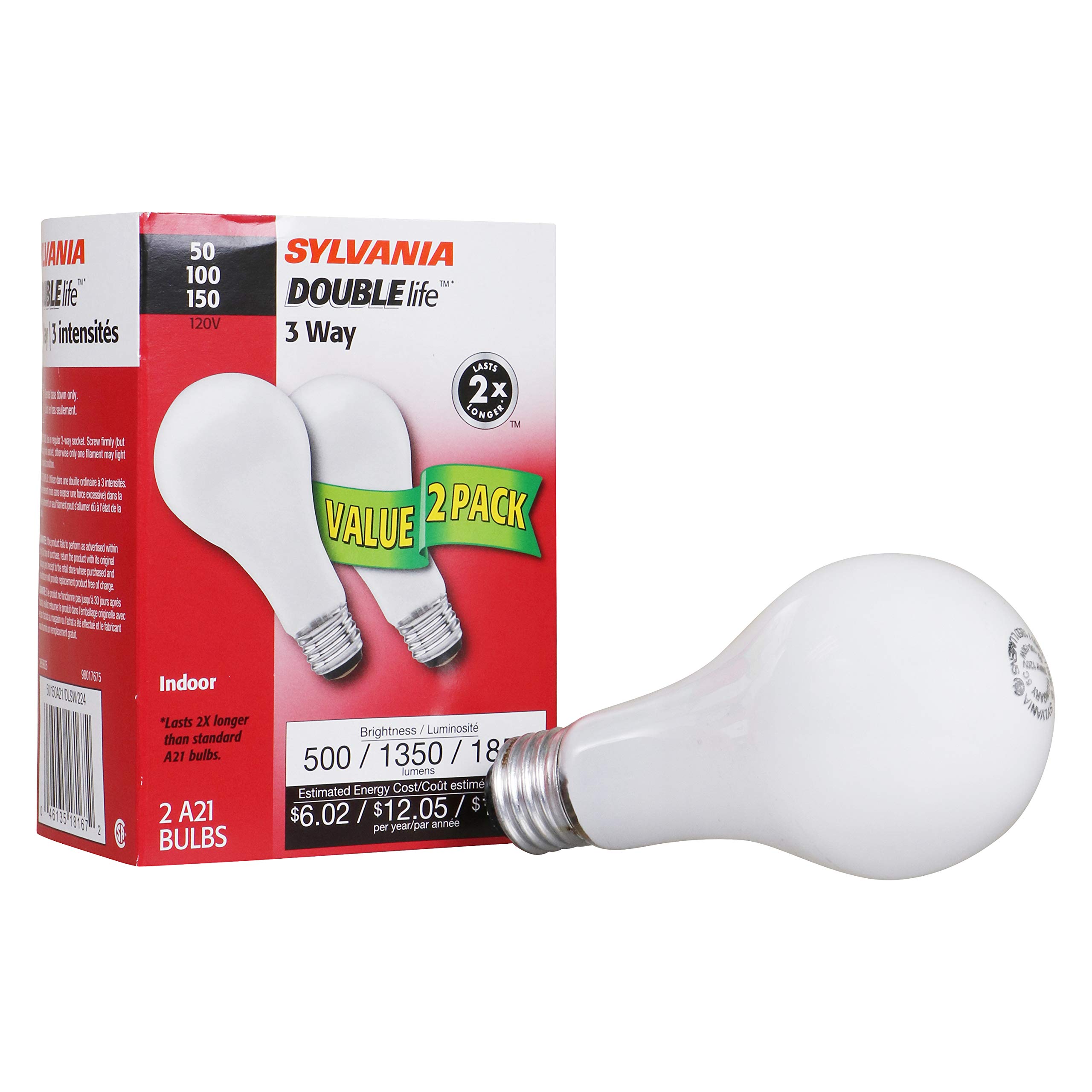 SYLVANIA Incandescent Double Life 3-Way A21 Bulb, 50/100/150W, 500/1350/1850 Lumens, Medium Base, 2850K, Soft White - 2 Pack (18167)