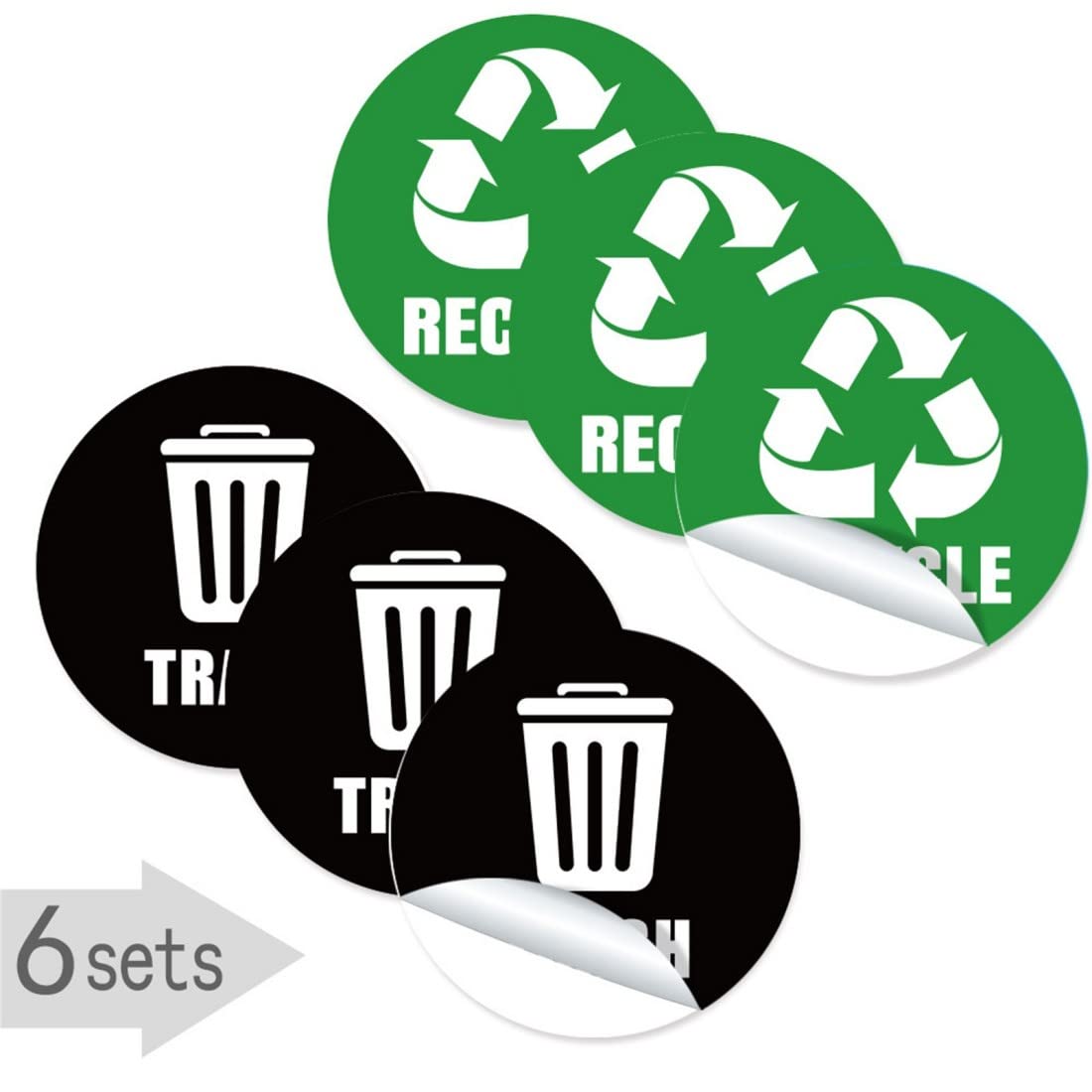 Vilehubju Recycle Sticker for Trash Can,6pcs Self Adhesive Trash Logo Sticker Waterproof PVC Trash Can Label for Trash Cans Garbage Containers Recycling Bins (Green, Black, 5 x 5 Inches Round)
