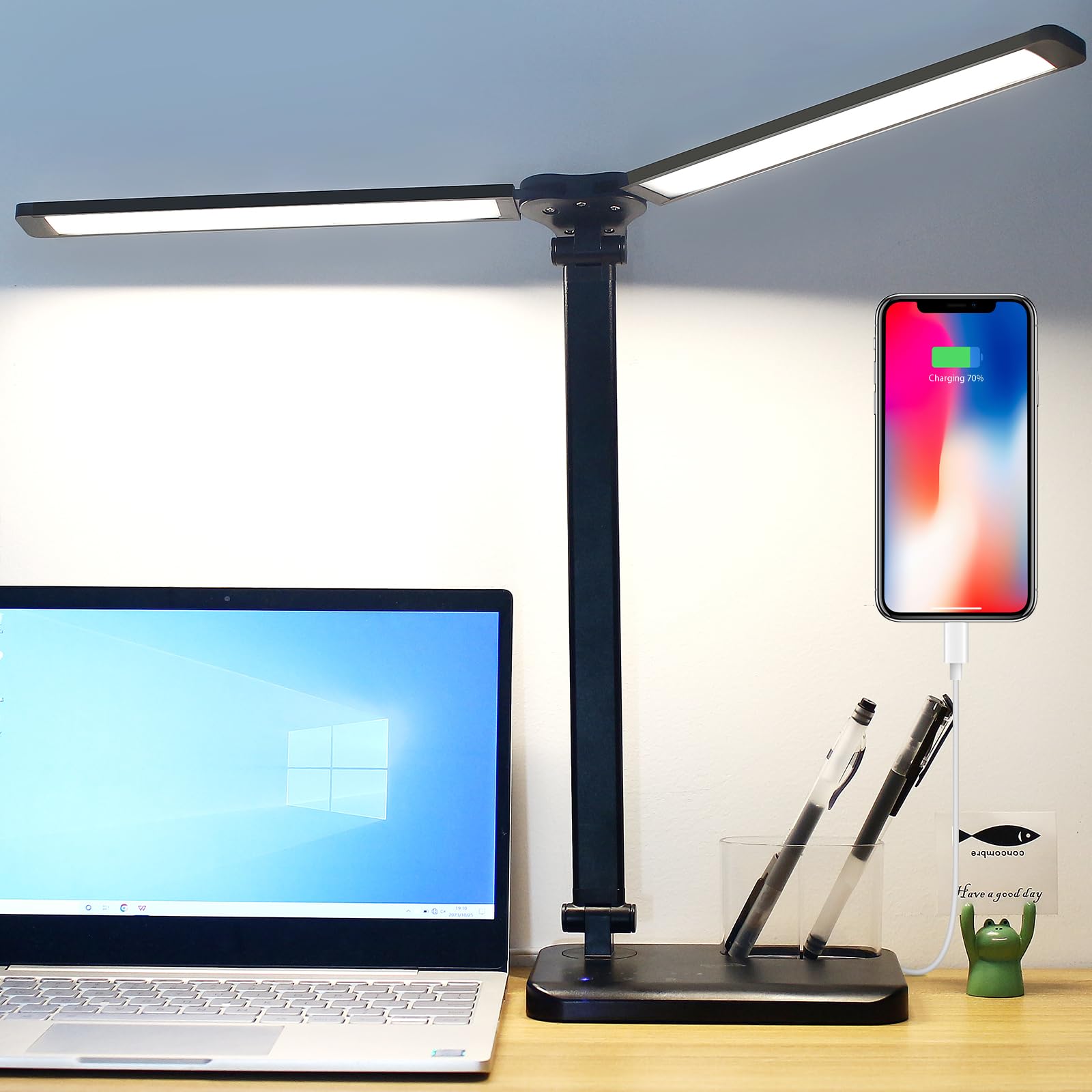 Woputne Desk Lamp, Dual Head Desk Light, 5 Lighting Colors & 10 Brightness Reading Light, LED Desk Lamp for Home Office, Table Lamp for Bedroom Desktop, Study, Craft, Black
