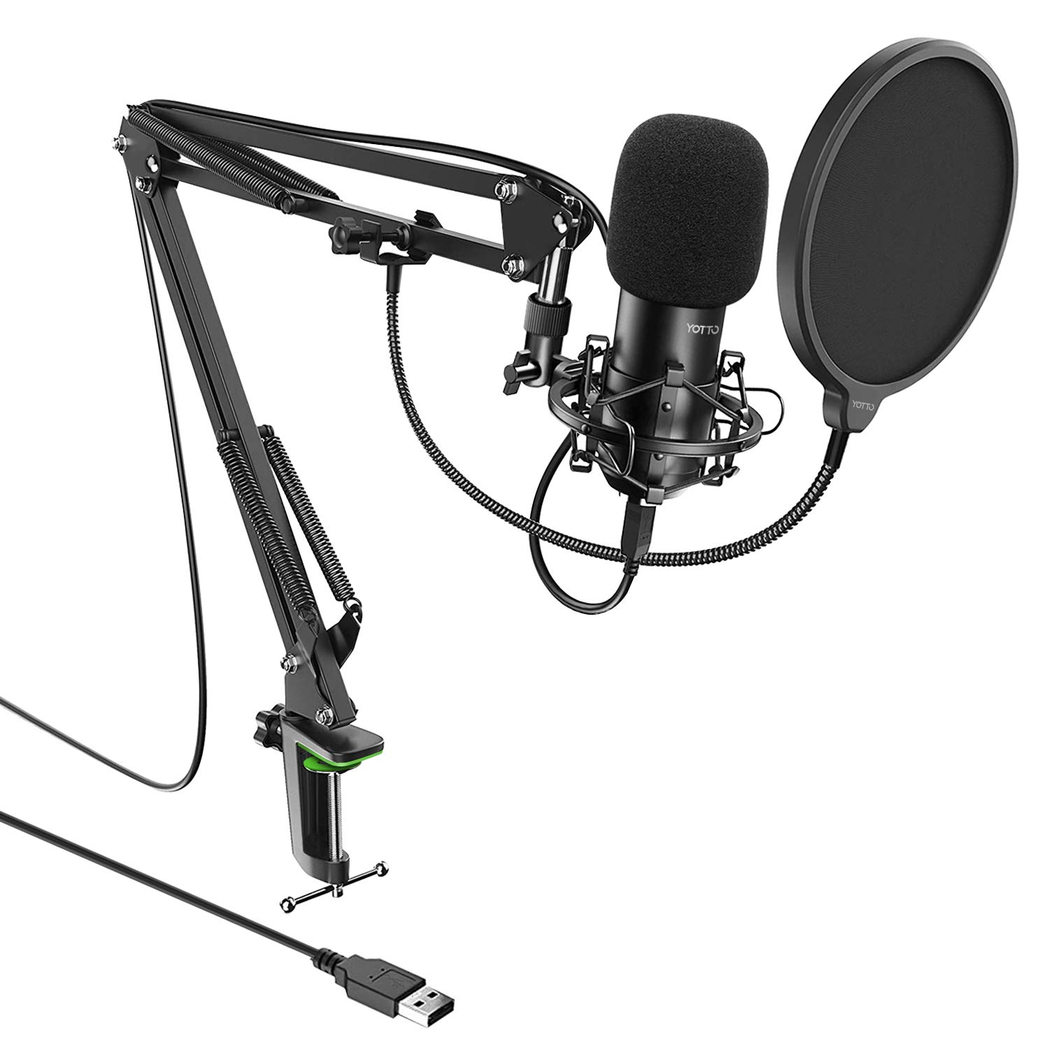 YOTTO USB Microphone Cardioid Condenser Mic 192KHz/24bit Plug and Play Professional Studio Podcast Microphone with Adjustable Microphone Stand Suspension Scissor Boom Arm, Pop Filter, Shock Mount