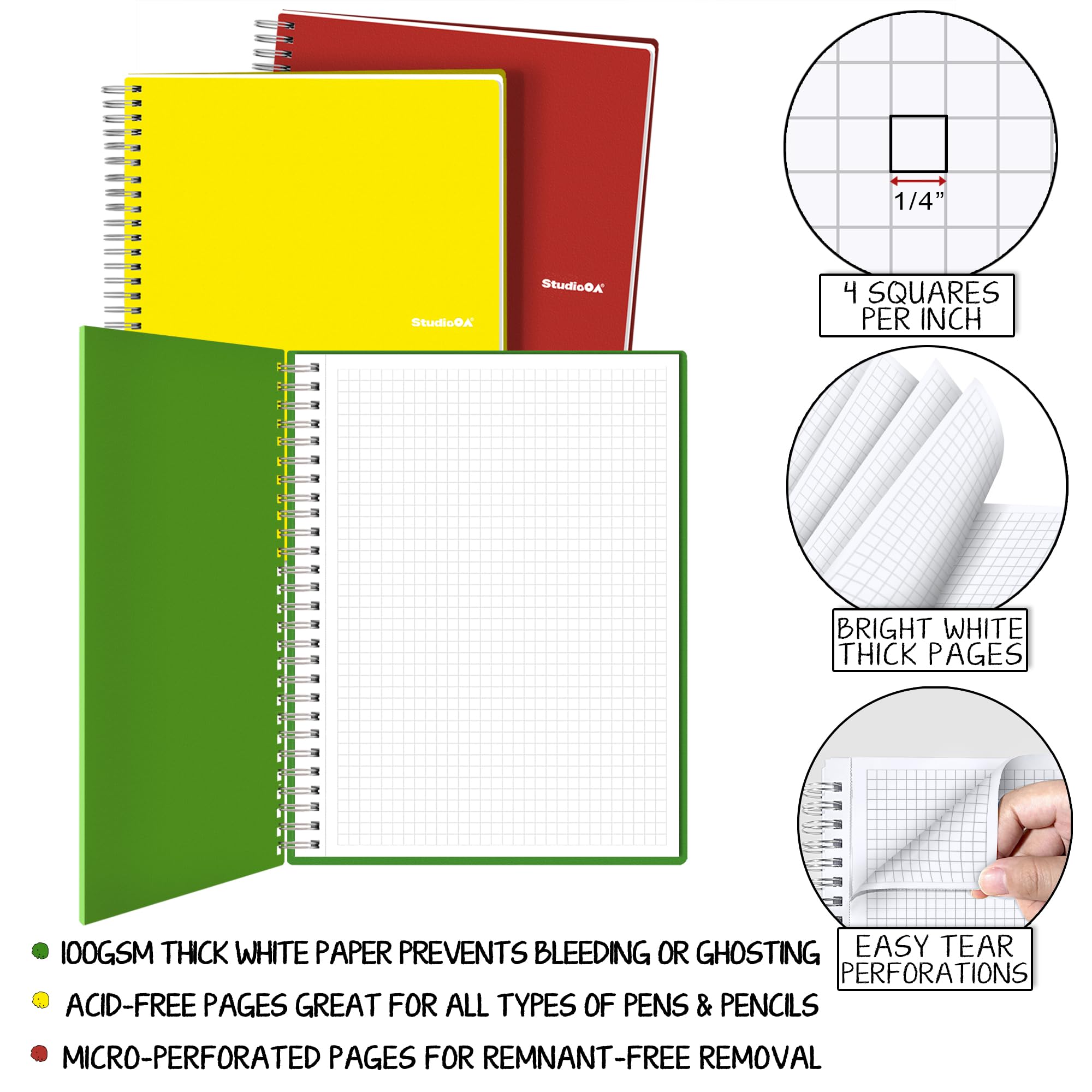 STUDIO O. A. Spiral Notebook, 8.5 x 11 Inches, 100GSM Thick Paper, 160 Pages, 4 X 4 Graph Ruled (4 sq/in)