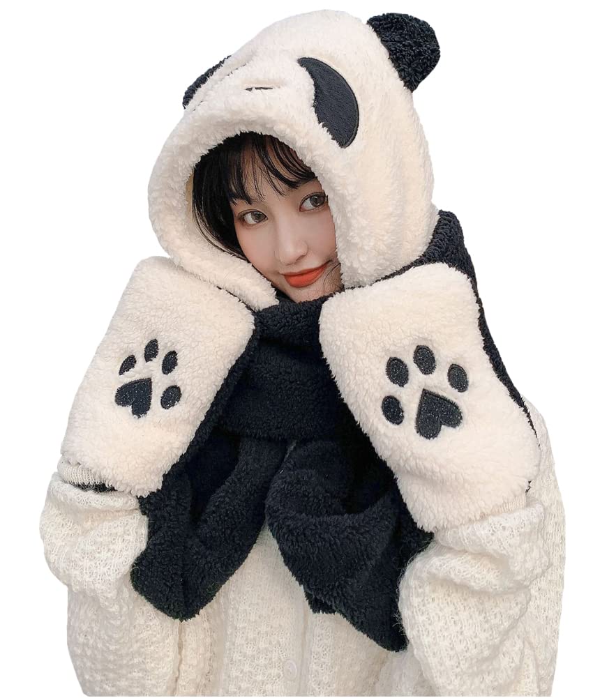Women Girls Cute Panda Animal Winter Hats 3 in 1 Warm Soft Plush Hoodie Cap Gloves Mitten Scarf Set Cold Weather Earmuff Headbands Costume Holiday Christmas Gift for Adults Kids (Shy Face Panda)