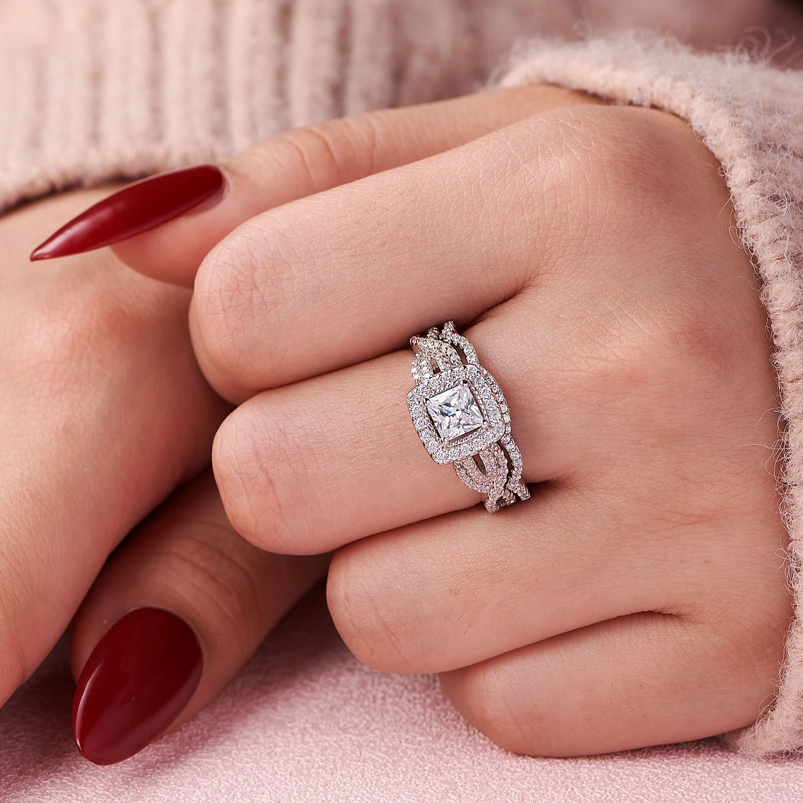 Wuziwen Princess Cut Engagement Ring Wedding Band Set 925 Sterling Silver Cubic Zirconia Cz Size 7