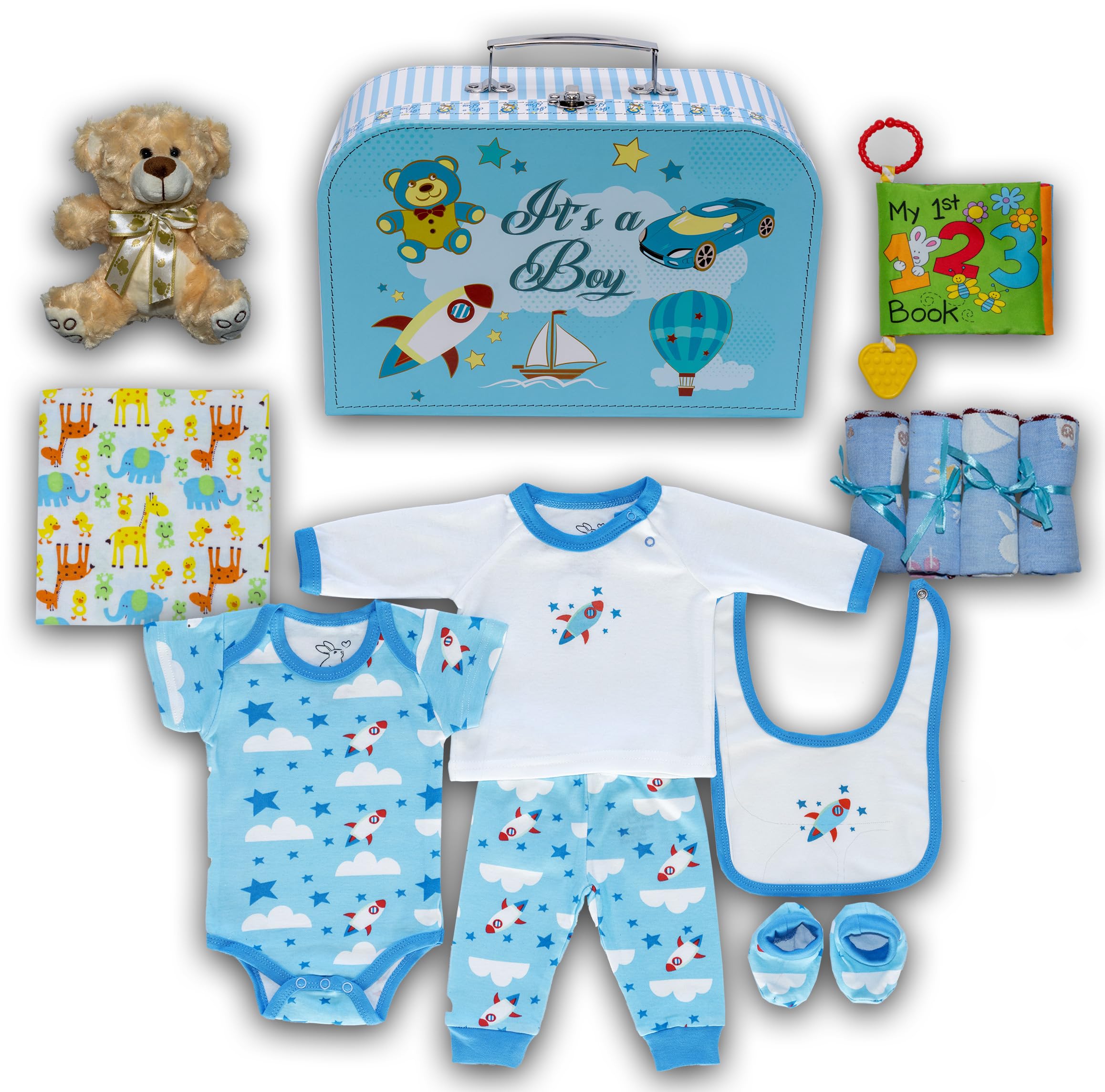 Welcome to The World Baby Boy Suitcase, Baby Layette Set and New Baby Essentials in A Keepsake Suitcase Box, Blue, Medium Baby Boy Gift Set - Nikki’s Gift Baskets