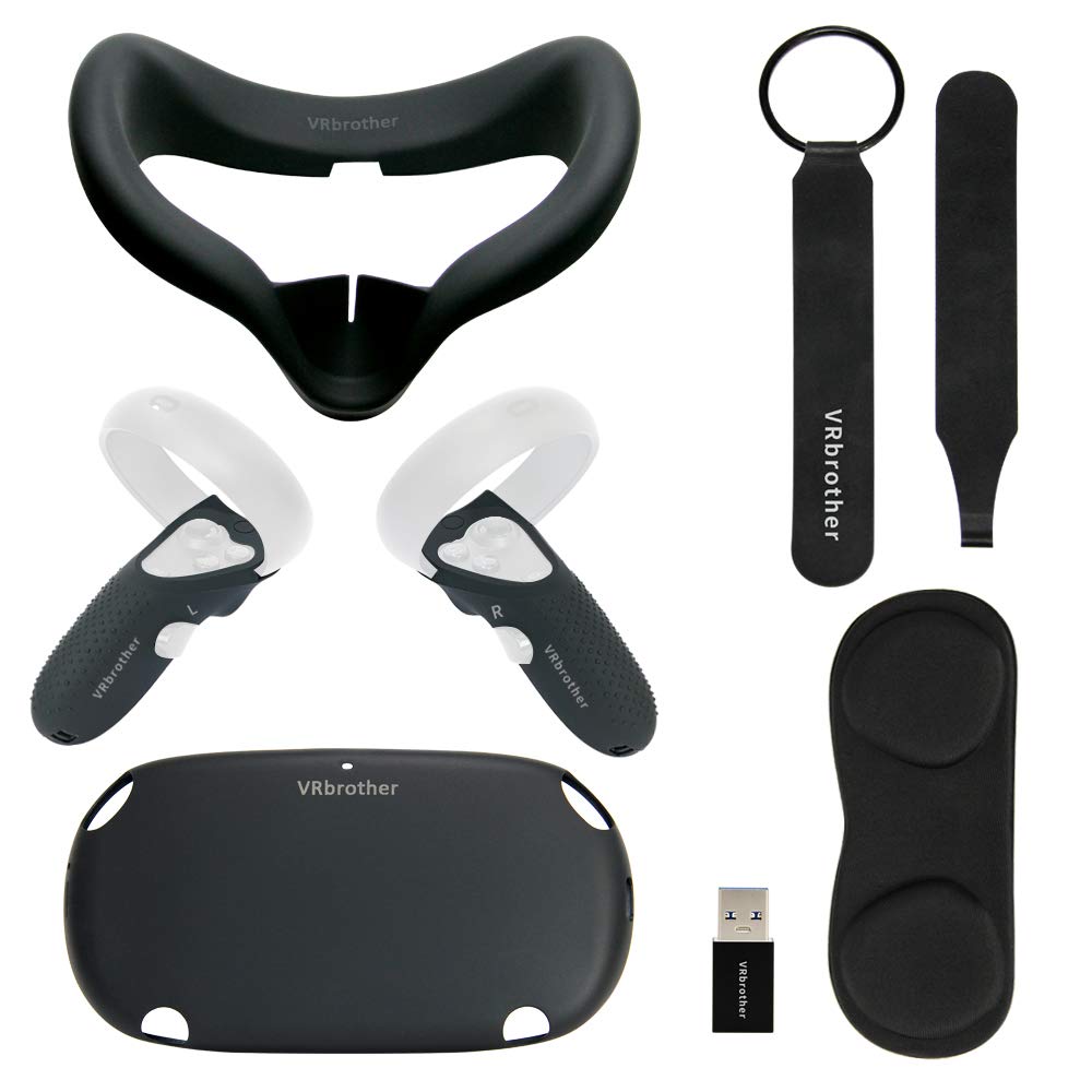 VRbrother Touch Controller Grip Cover&TPU face Mask&Face Silicone Cover Mask for Oculus Quest,Knuckle Strap&USB-A Adaptor , Professional Silicone Protection Accessories,8-Piece Set
