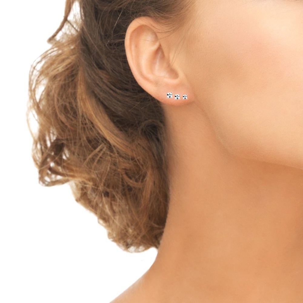 Stud Earrings for Women Sterling Silver 2mm 3mm & 4mm Cartilage Princess Square CZ Earring Set for Women Men, 3-Pair Set