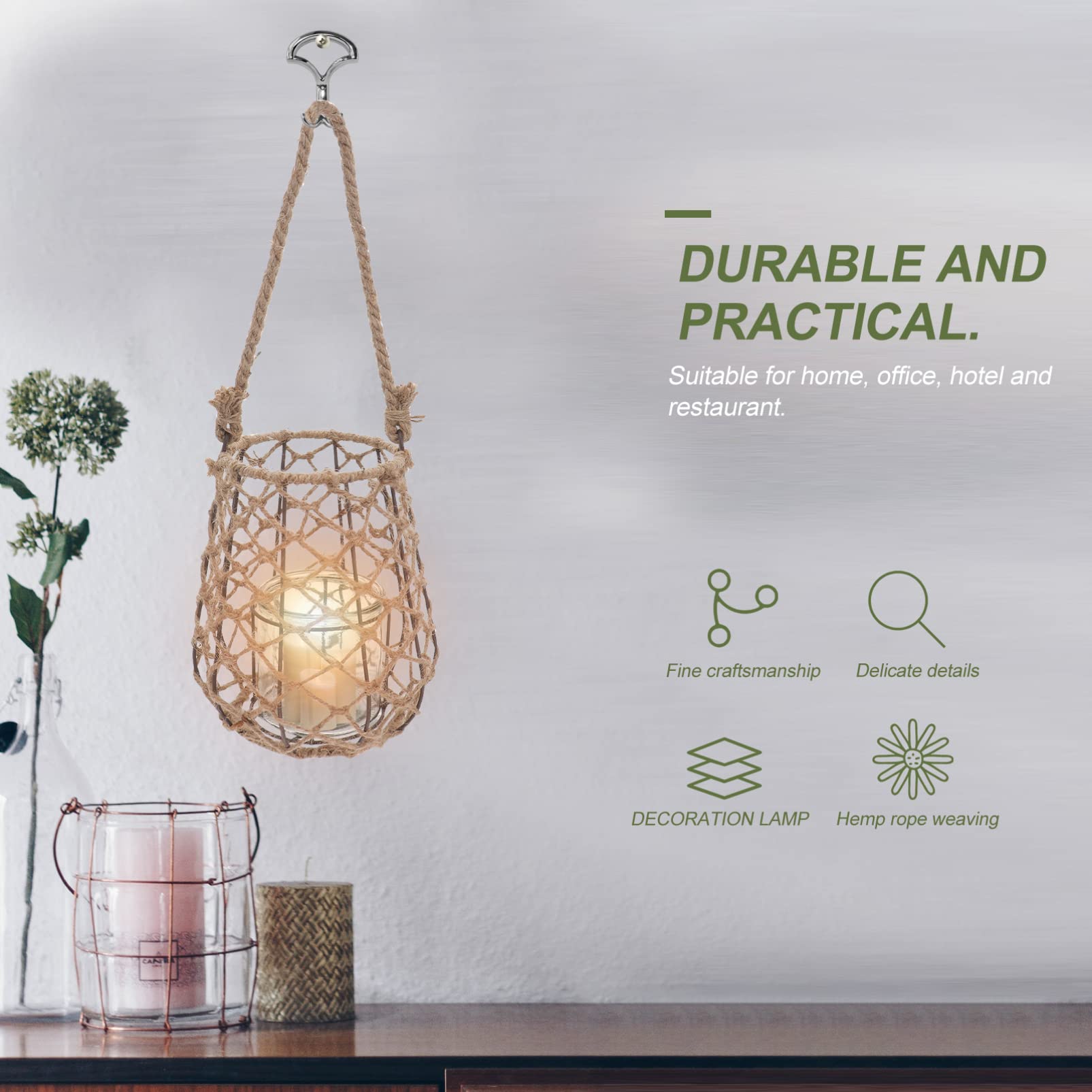 Yardwe 1 Pc Rattan Natural Lantern - Candlestick Durable Woven Rope Decorative Lantern Lampshade Candlestick Night Light for Bar Yard Garden Home (Size S)