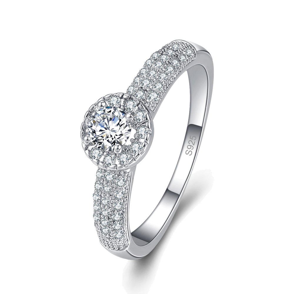 Veunora 925 Sterling Silver Created 4x4mm White Topaz Filled Bling Halo Engagement Wedding Ring for Women Size 9