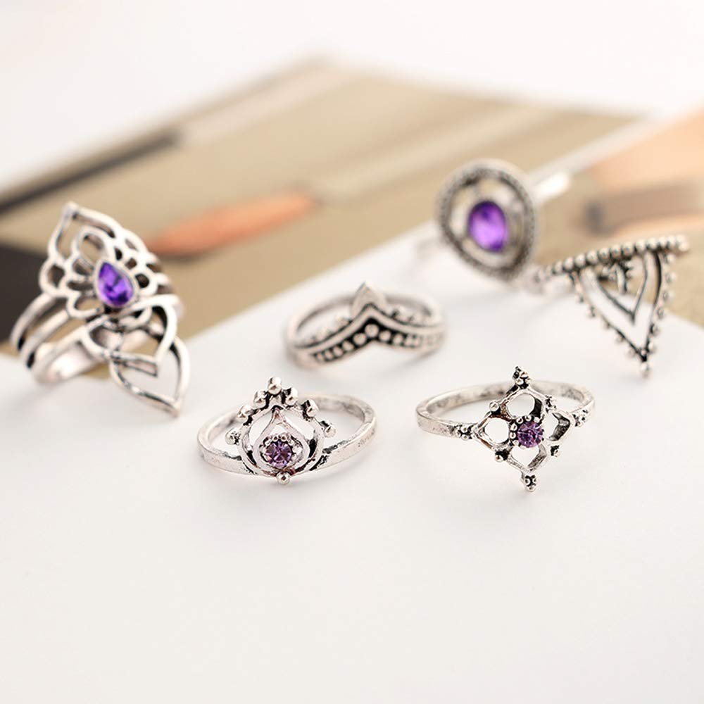 YERTTER Boho Gem Stacking Rings Set Gemstone Joint Knuckle Ring Set Vintage Mid Rings for Women and Girls (7pcs Purple)