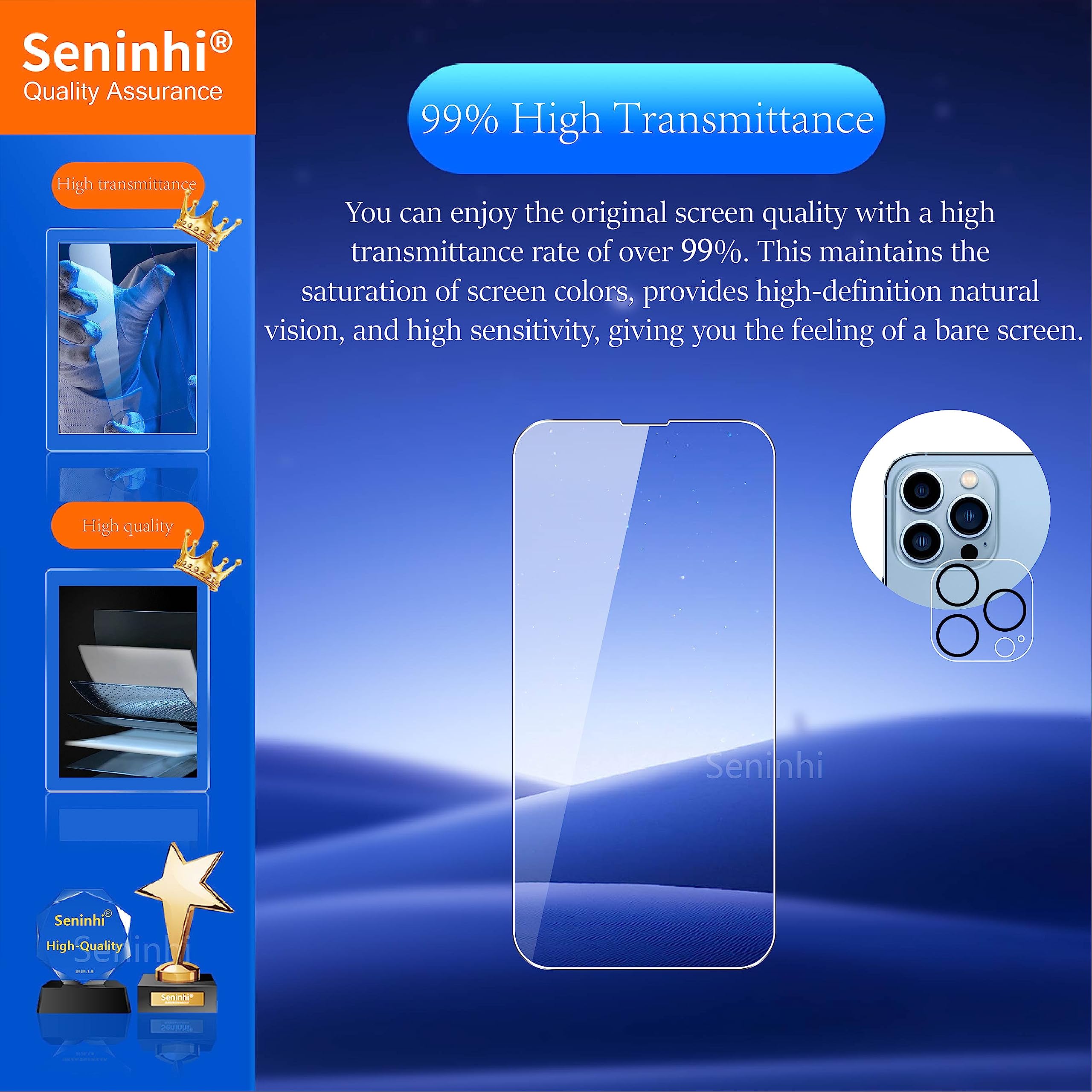 seninhi [3+3Pack] for iphone 13 Pro MAX 6.7inch Screen Protector 3Pack + Camera Lens Protector 3Pack, Tempered Glass Screen Protector [With Easy Installation Frame] [9H Hardness] [Anti-Scratch] [Bubble Free]-Clear