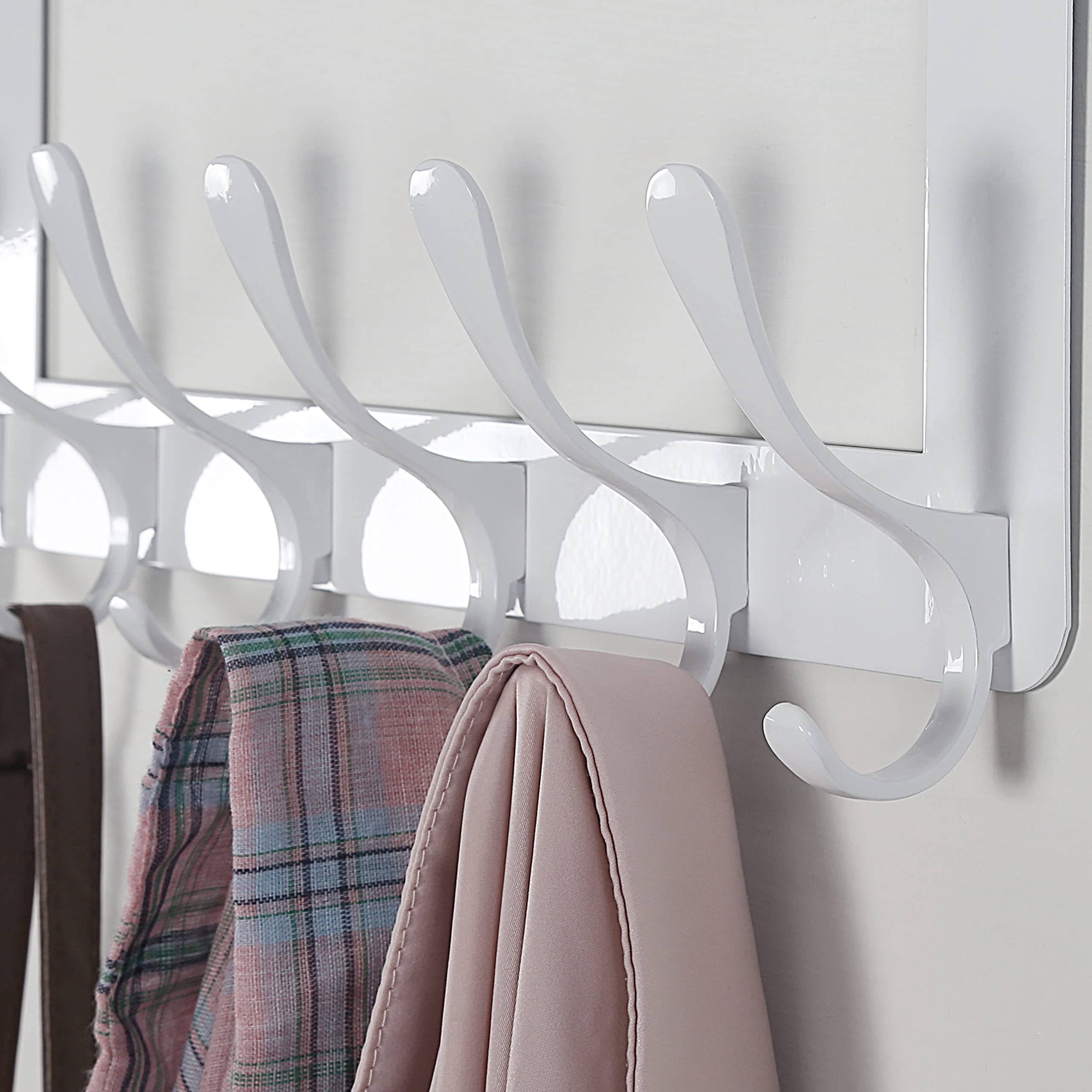 SKOLOO Over The Door Hooks - for doors up to 4.5cm thick, Stainless Steel Door Hanger with 6 Hooks, Over The Door Hanger for Coats Clothes Hat Towel Jacket, White