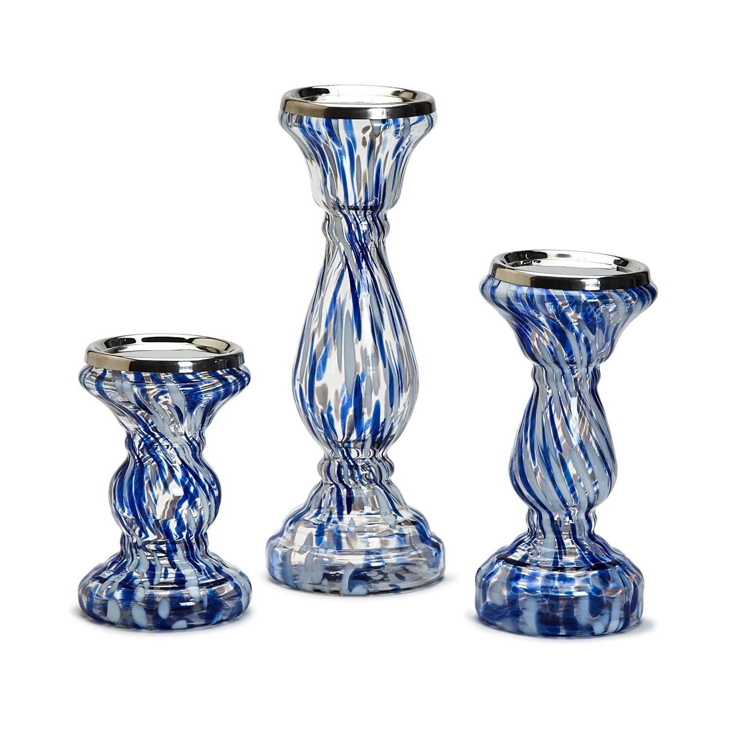Two's Company Set of 3 White and Blue Swirled Pedestal Pillar Candleholders