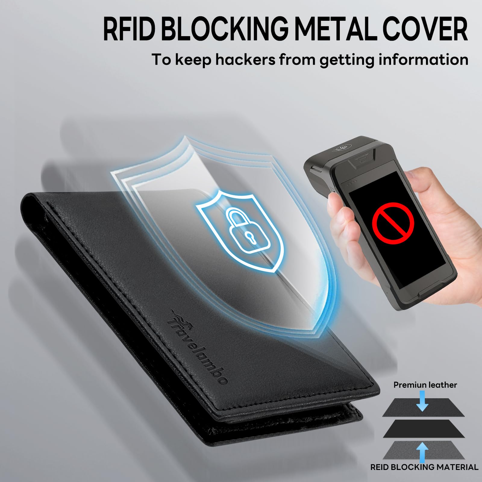 Travelambo Black Wallet for Men, Premium Genuine Leather RFID Blocking Mens Wallet, 10 Credit Card Holder Minimalist Front Pocket, Mens Bifold Wallet with 2 ID Window