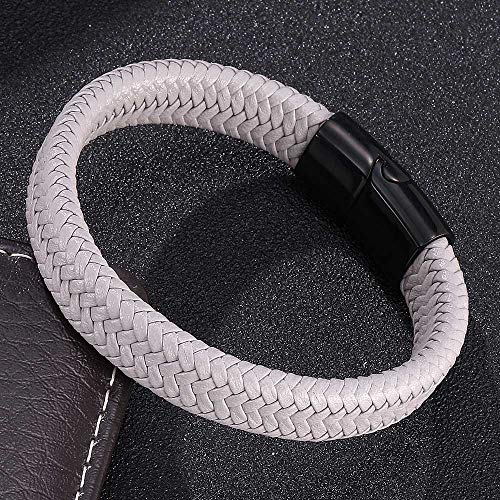 Xiausyang Simple style braided leather bracelet stainless steel inverted magnet buckle bracelet (Grey, 8)