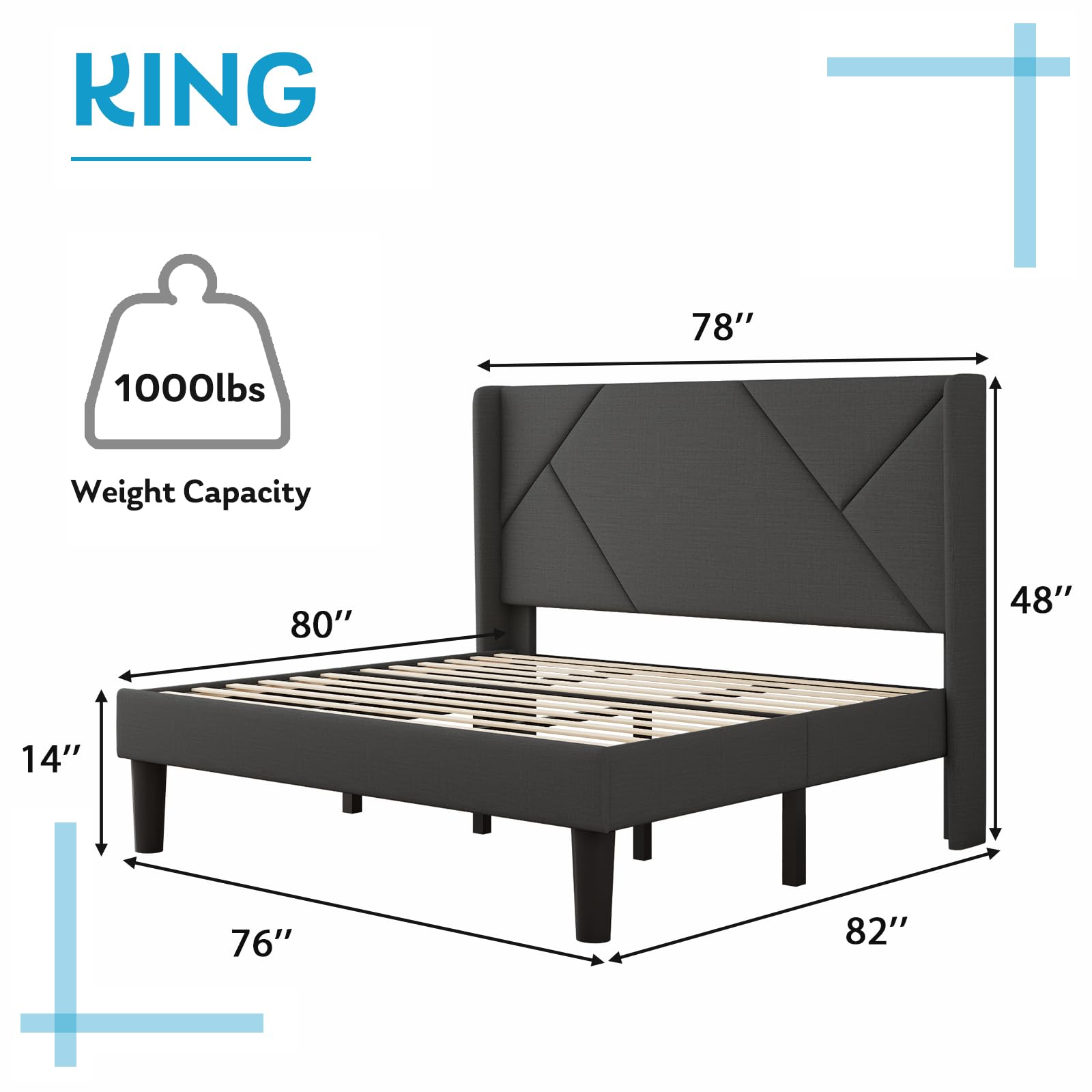 SWISH WEAVERS King Size Platform Bed Frame with Headboard, Upholstered Bed Frame with Wingback, No Box Spring Needed, Easy Assembly Solid Wooden Slats, Noise-Free, Dark Gray