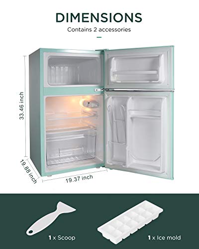 WATOOR 3.2 CU. FT. Mini Refrigerator With Freezer - Removable Glass Shelves and Basket - 7 Temp Setting - Small Drink Food Storage Cooler for Office, Dorm, Apartment, Bedroom, Mint Green
