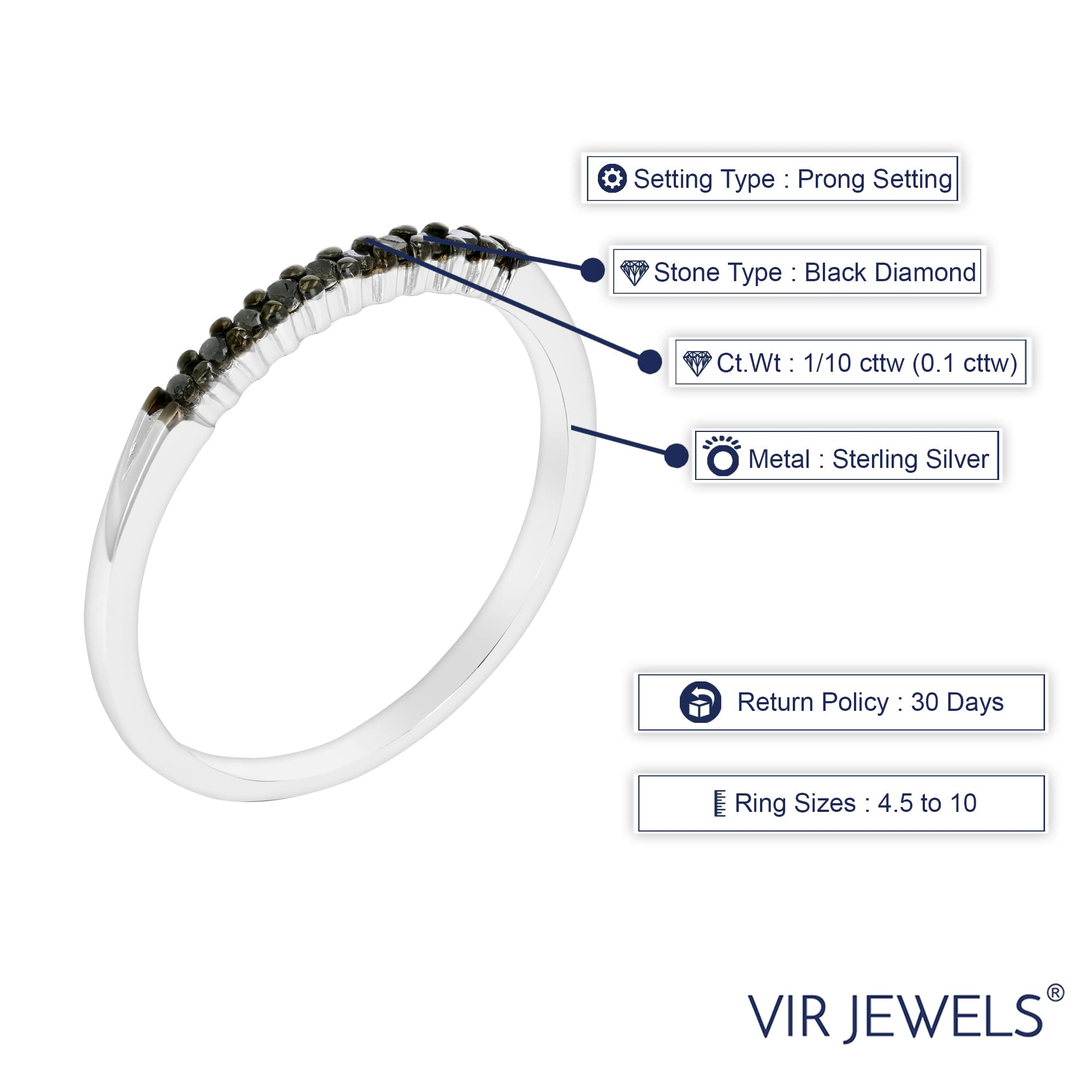 Vir Jewels 1/10 cttw Diamond Wedding Band for Women in 0.925 Sterling Silver Black Diamond Ring, 10 Stones Prong Set, Size 5