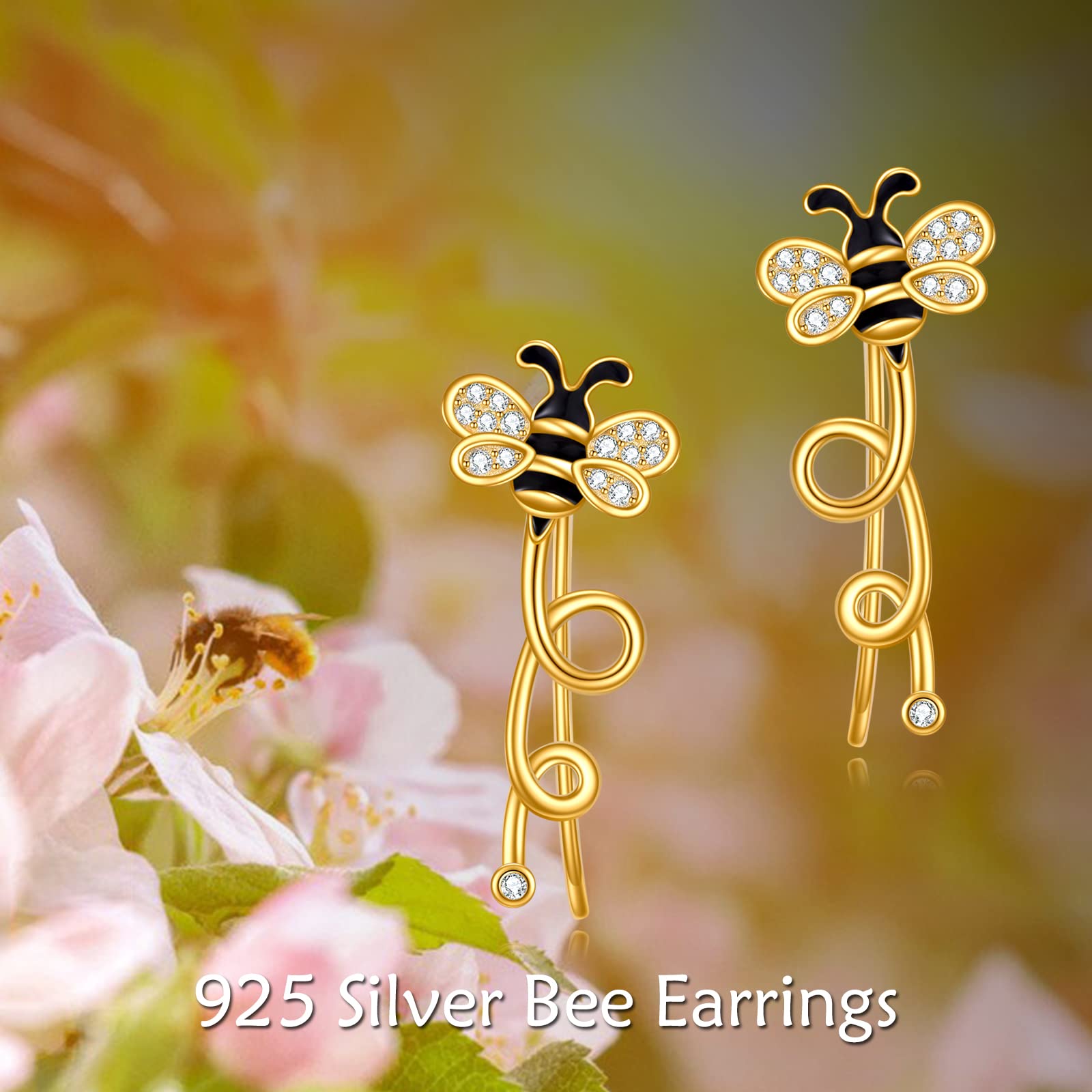 WTENIY Gold Plated Bumble Bee Earrings Jewelry for Women Sterling Silver Ear Climber Crawler Cuff Earrings