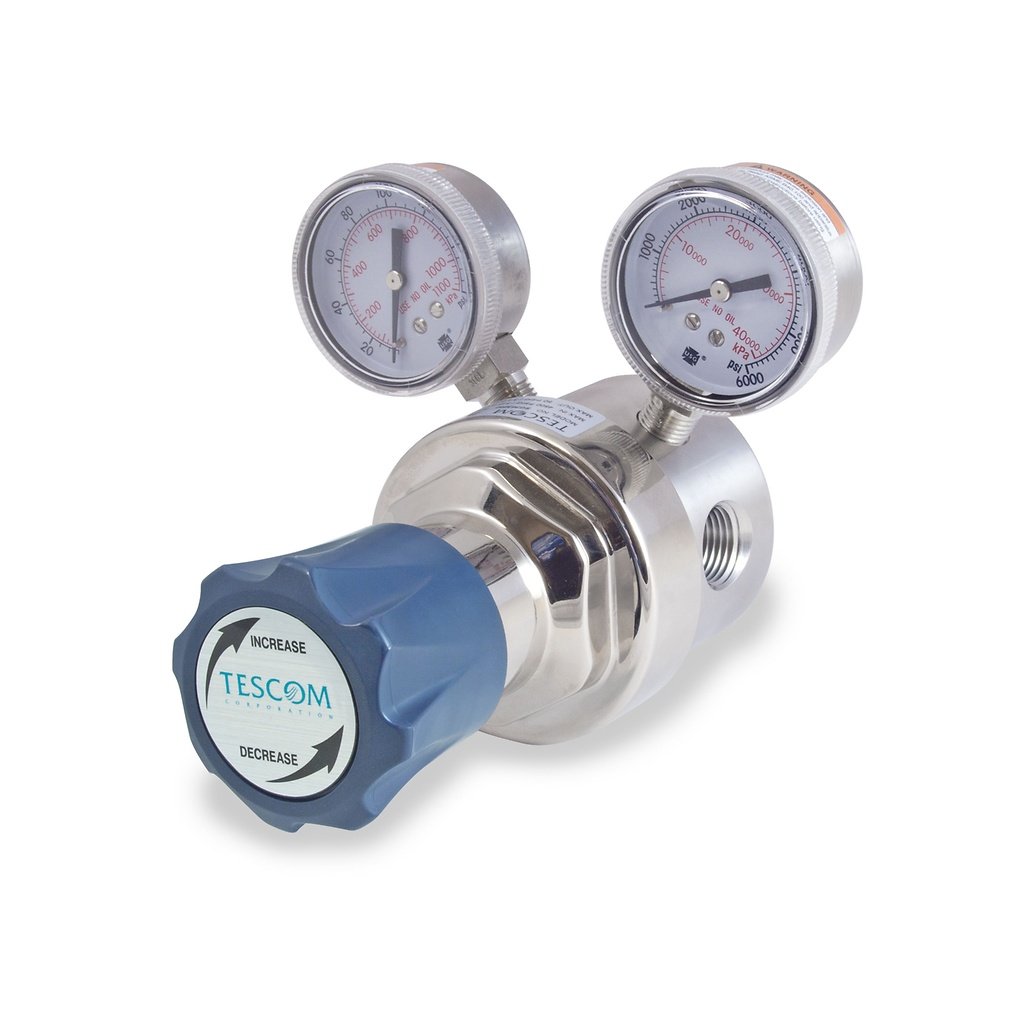 TESCOM SG364250-00A10 SG3 Single-Stage Pressure Regulator, SST Body, 0-125 PSIG, Neoprene Diaphragm, 5 Port, 1.0 CV, 1/2" NPTF, Gauges, Relief Valve