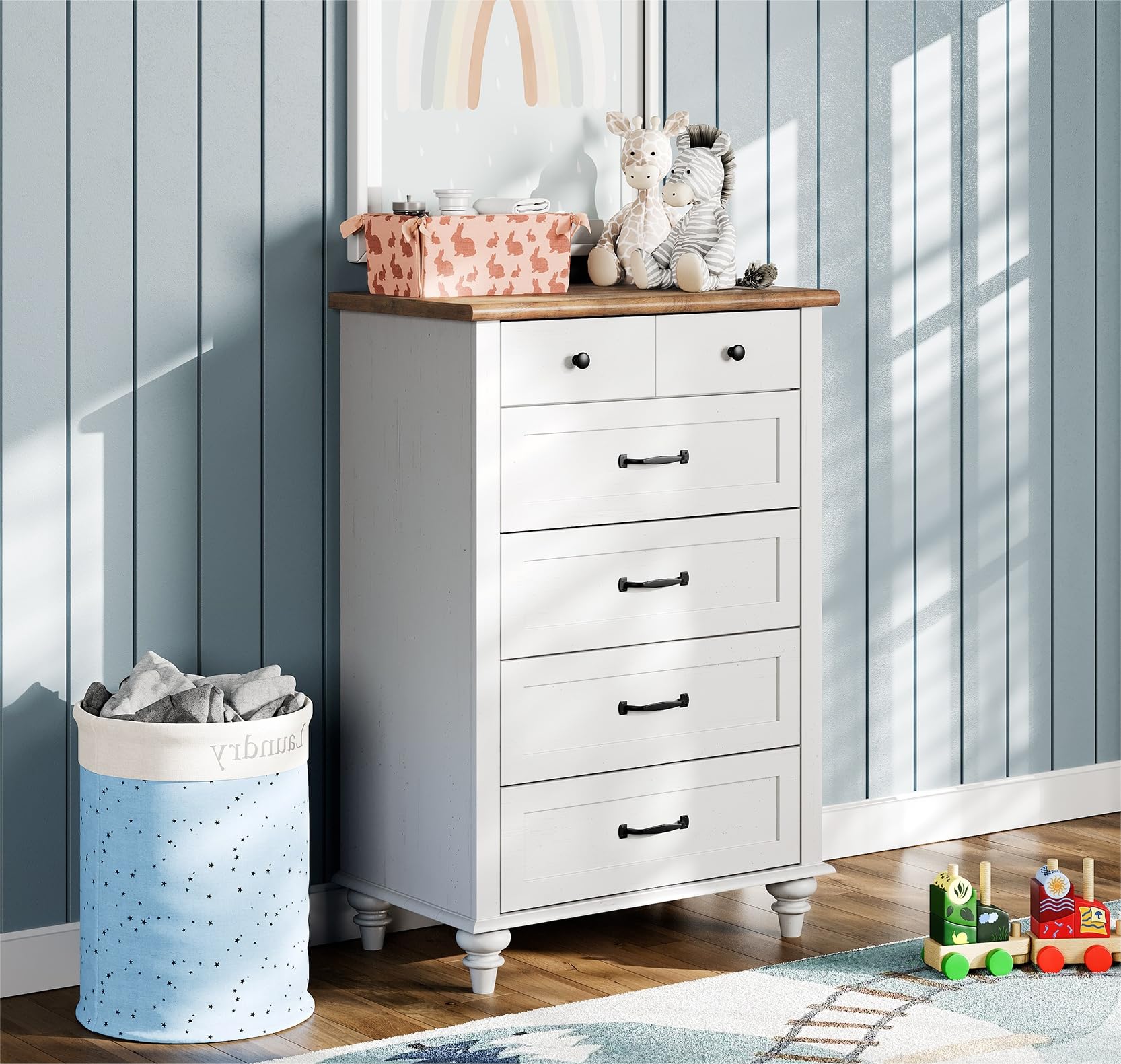 WAMPAT Tall Dressers for Bedroom with 5 Drawers, Kids Dresser Nursery Dresser Organizer with Wide Chest of Drawers, Mid Century Modern Wooden Closet for Living Room, Kids Room, Hallway, White