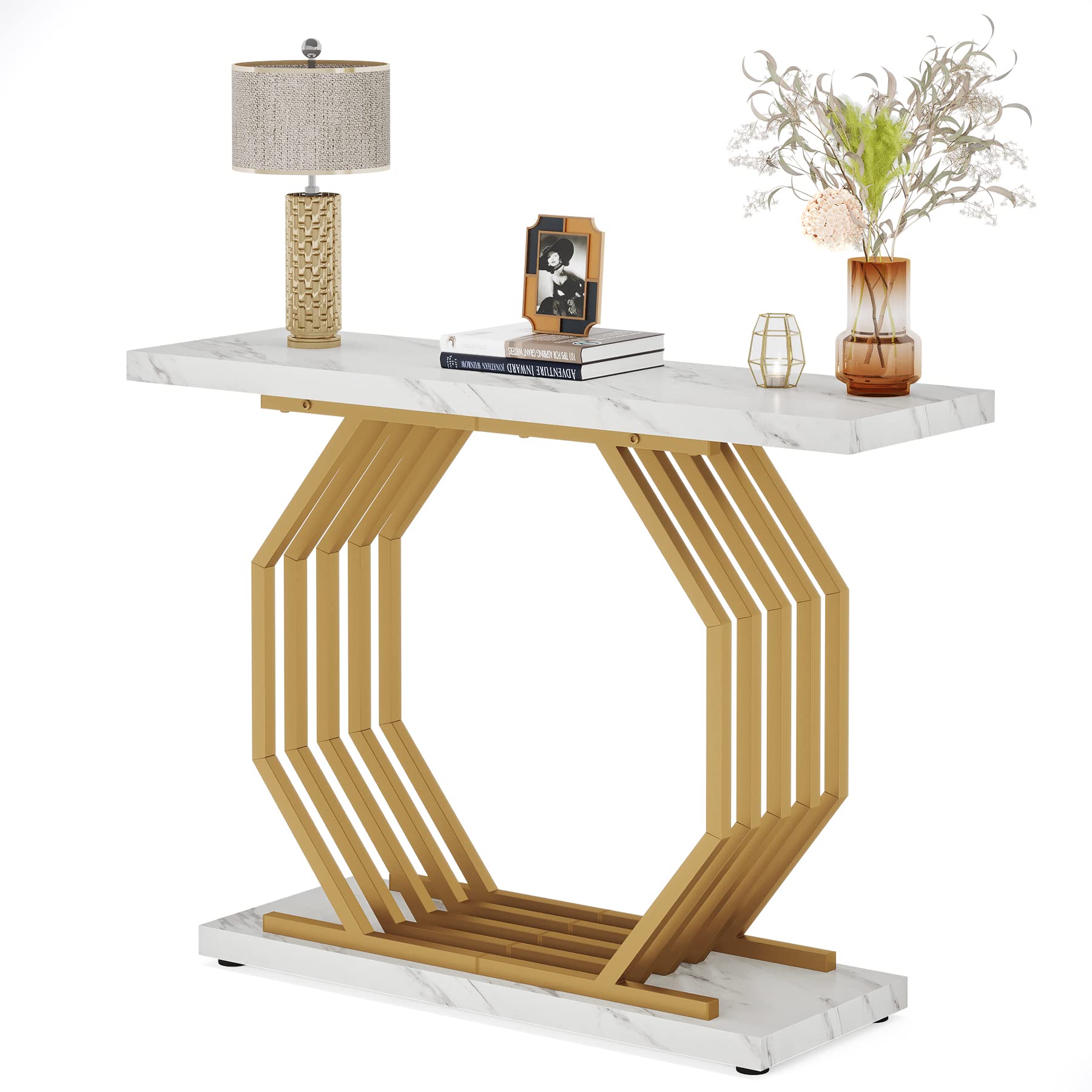 Tribesigns Gold Console Table, Faux Marble Entryway Table Narrow Sofa Table with Geometric Metal Base, 40 Inch Modern Accent Table Entrance Table for Living Room, Hallway, Foyer, Black