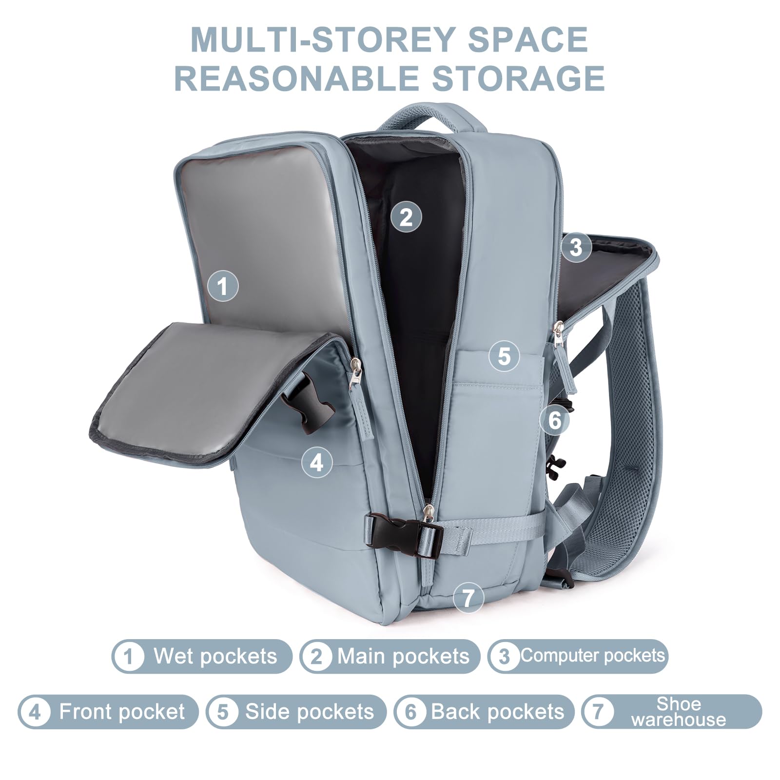 UPPACK Travel Backpack For Women Men Carry On Backpack Flight Approved Gym Bag With Shoe Compartment Hiking Waterproof Laptop Backpack College Essentials Grey Blue