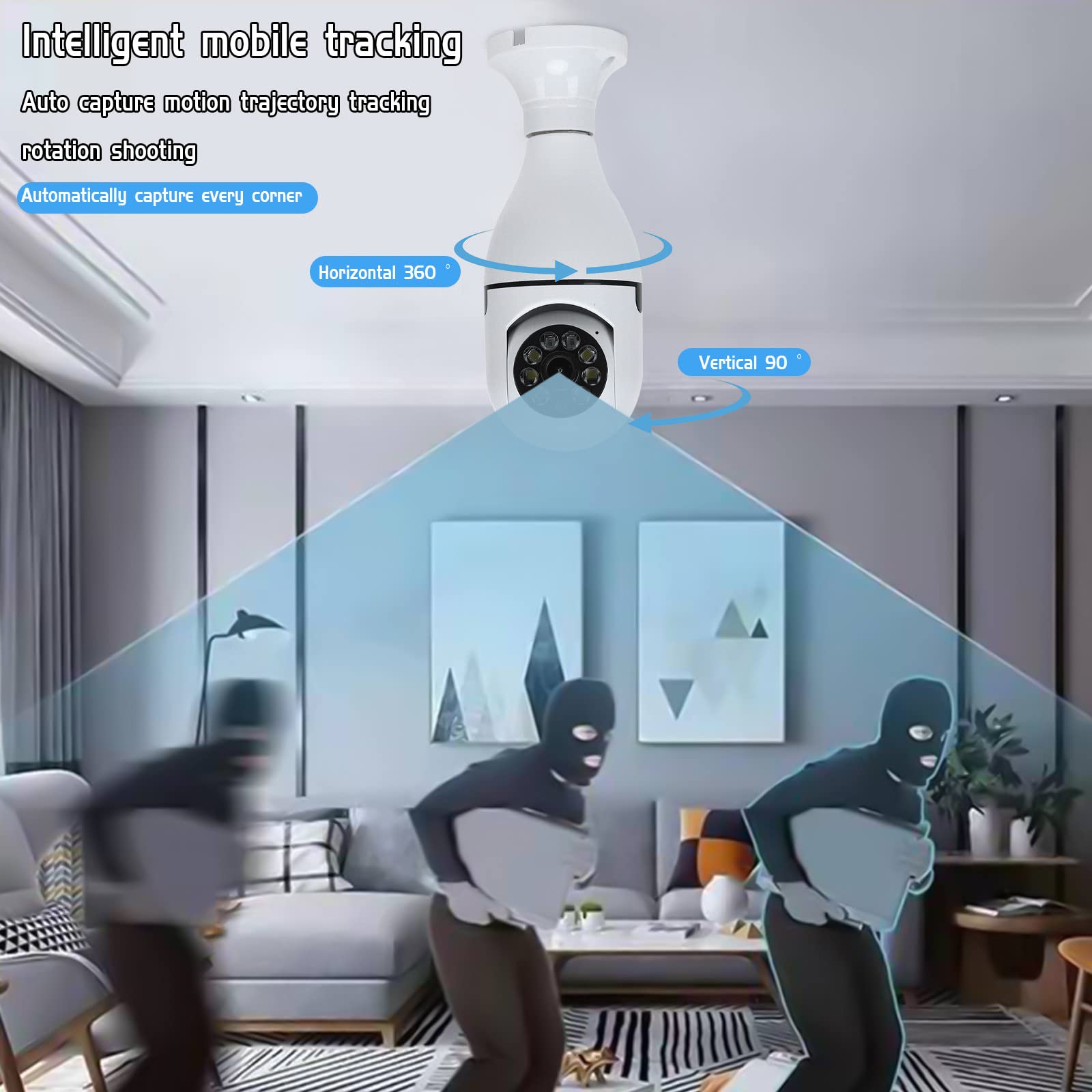 Wenini 5Ghz Wireless Lights Bulb Camera - 1080P Pan Tilt Wireless Cam 360° Panoramic IP Camera, E27 WiFi Security Cameras with LED HD Night Vision Human Motion Detection and Alarm Two-Way, White