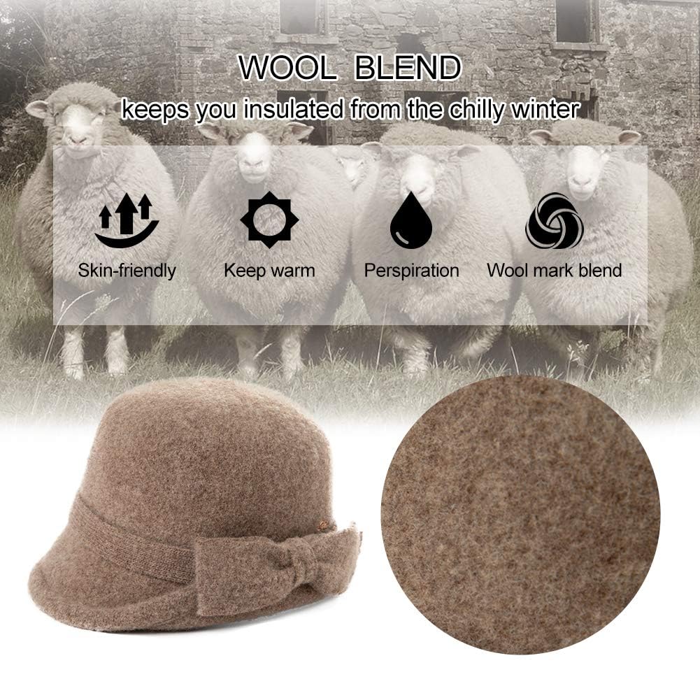Womens Black Vintage Wool Felt Cloche Bucket Hat Winter Bowler Cap Packable