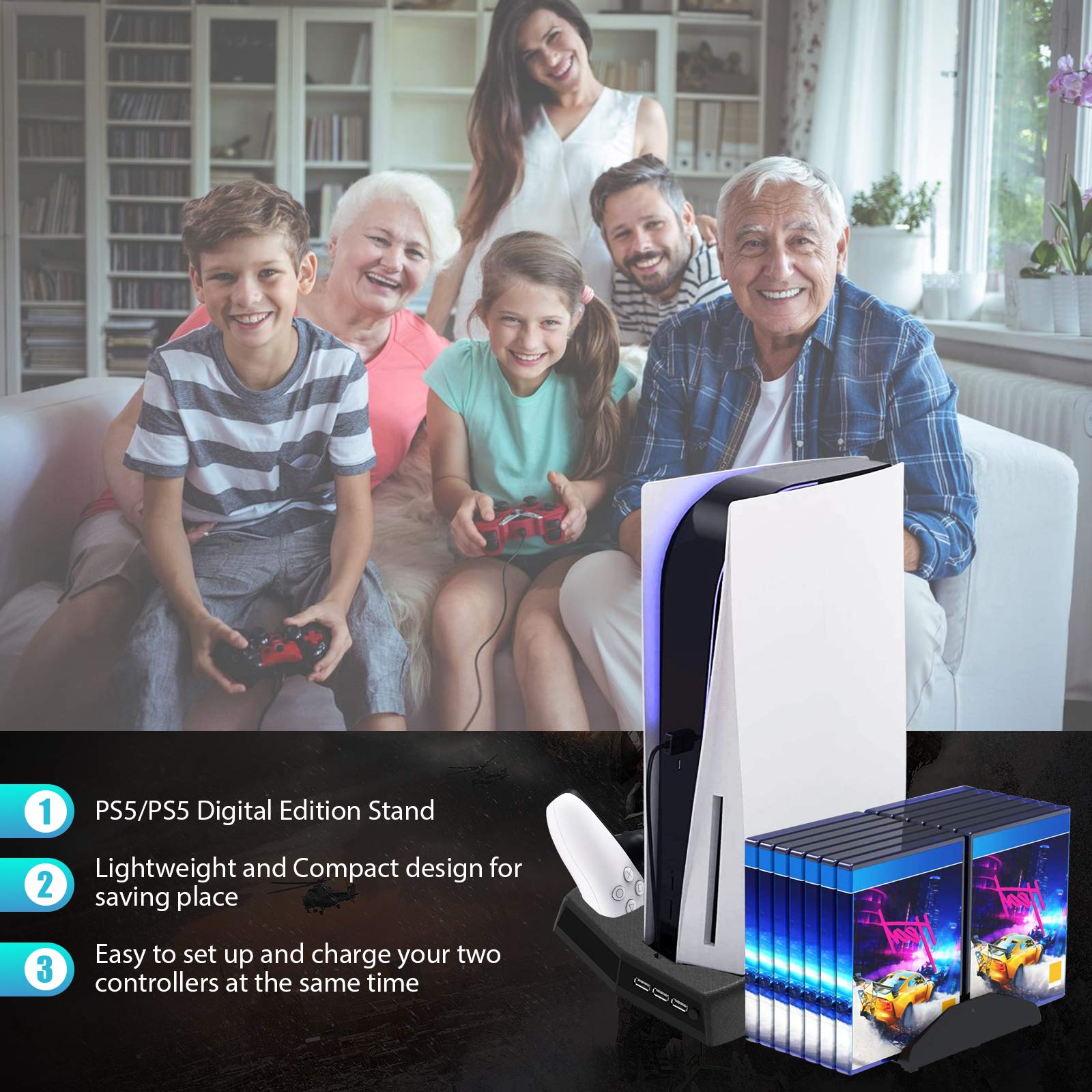 Vertical Stand for Playstation 5 with Cooling Fan Charging Station for PS5 Digital Edition/Ultra HD Console with Controller Charger Game Rack Storage Organizer 3 USB Ports for PS5 and DualSense