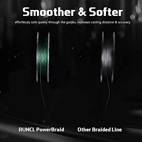RUNCL PowerBraid Braided Fishing Line, Ultra Durable Braided Line 4 Strands - Seamless Weaving Tech, Enhanced Coating Tech, Zero Stretch, High Sensitivity (Moss Green, 300Yds, 30LB(13.6kgs))