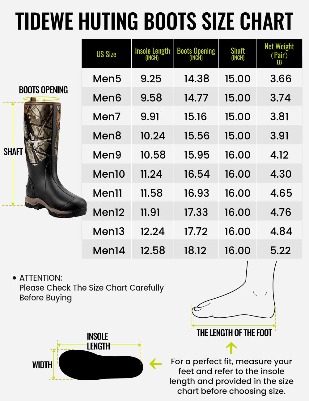 TIDEWE Hunting Boot for Men, Insulated Waterproof Durable 16" Men's Hunting Boot, 6mm Neoprene and Rubber Outdoor Boot US Size 8