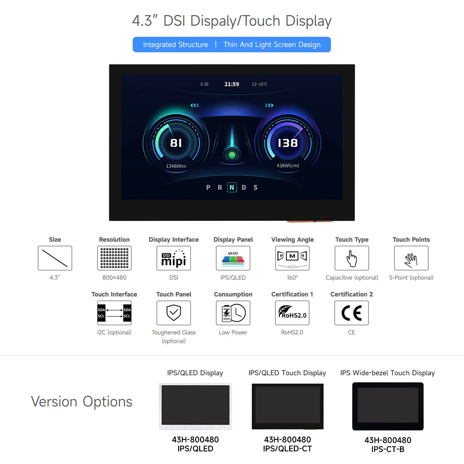 waveshare 4.3inch DSI Display, 800 × 480 Resolution, IPS, Compatible with Raspberry Pi 4B/3B+/3A+/3B/2B/B+/A+, CM3/3+/4, Touch Version