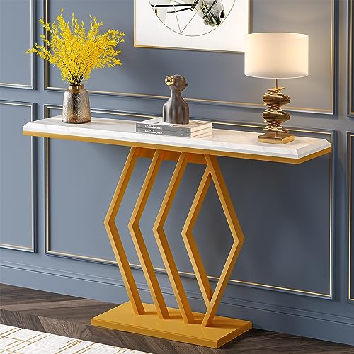 Tribesigns Gold Console Table, 47 Inch Faux Marble White Entryway Sofa Table with Geometric Base, Modern Narrow Accent Table Behind Couch for Living Room, Hallway, Foyer, Entrance