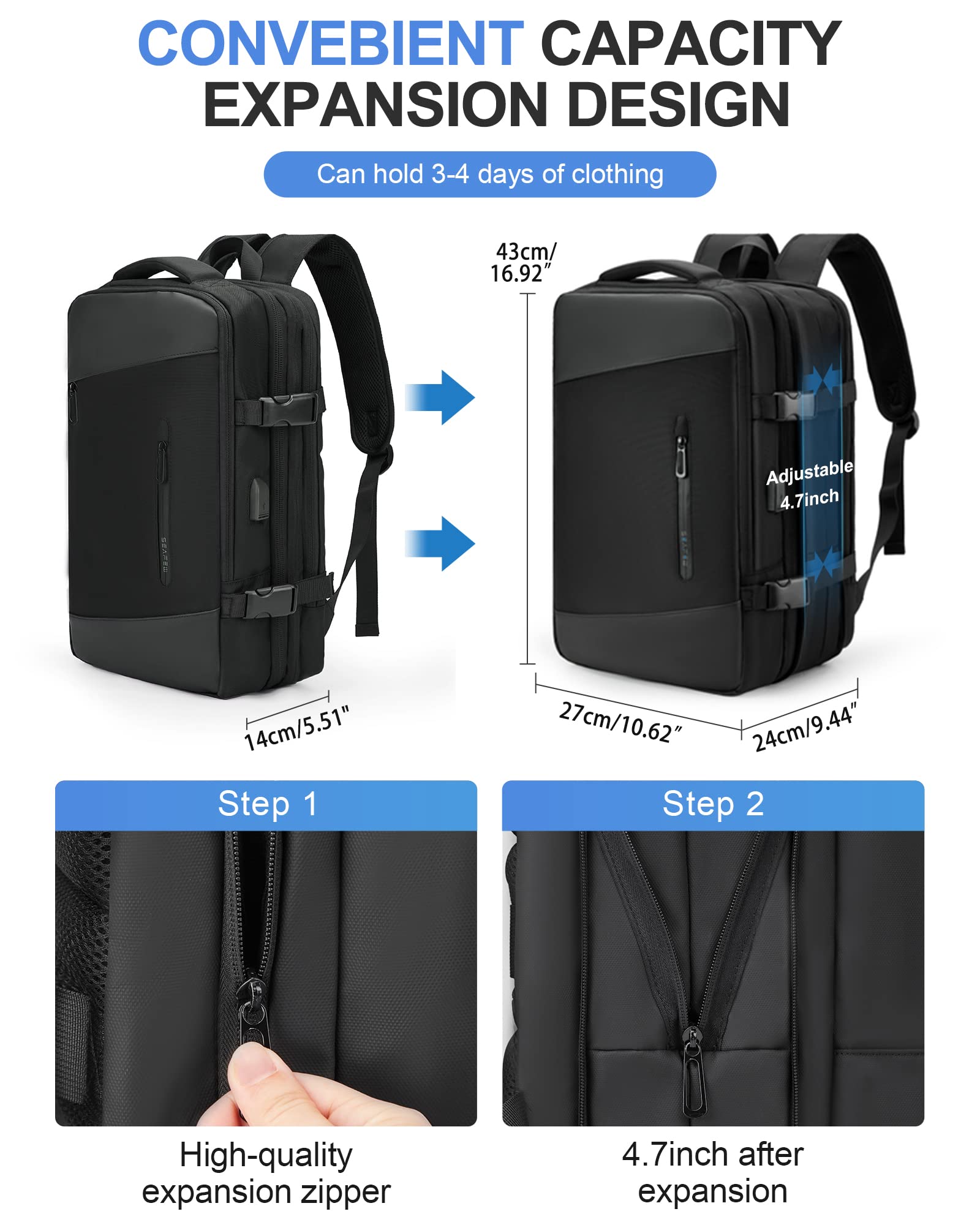 VECAVE Travel Backpack for Women Men,Carry On Backpack,Expandable Airline Airplane Approved Weekenders Backpack,Fit 15.6 Inch Laptop Waterproof 40L Travel Backpack Black