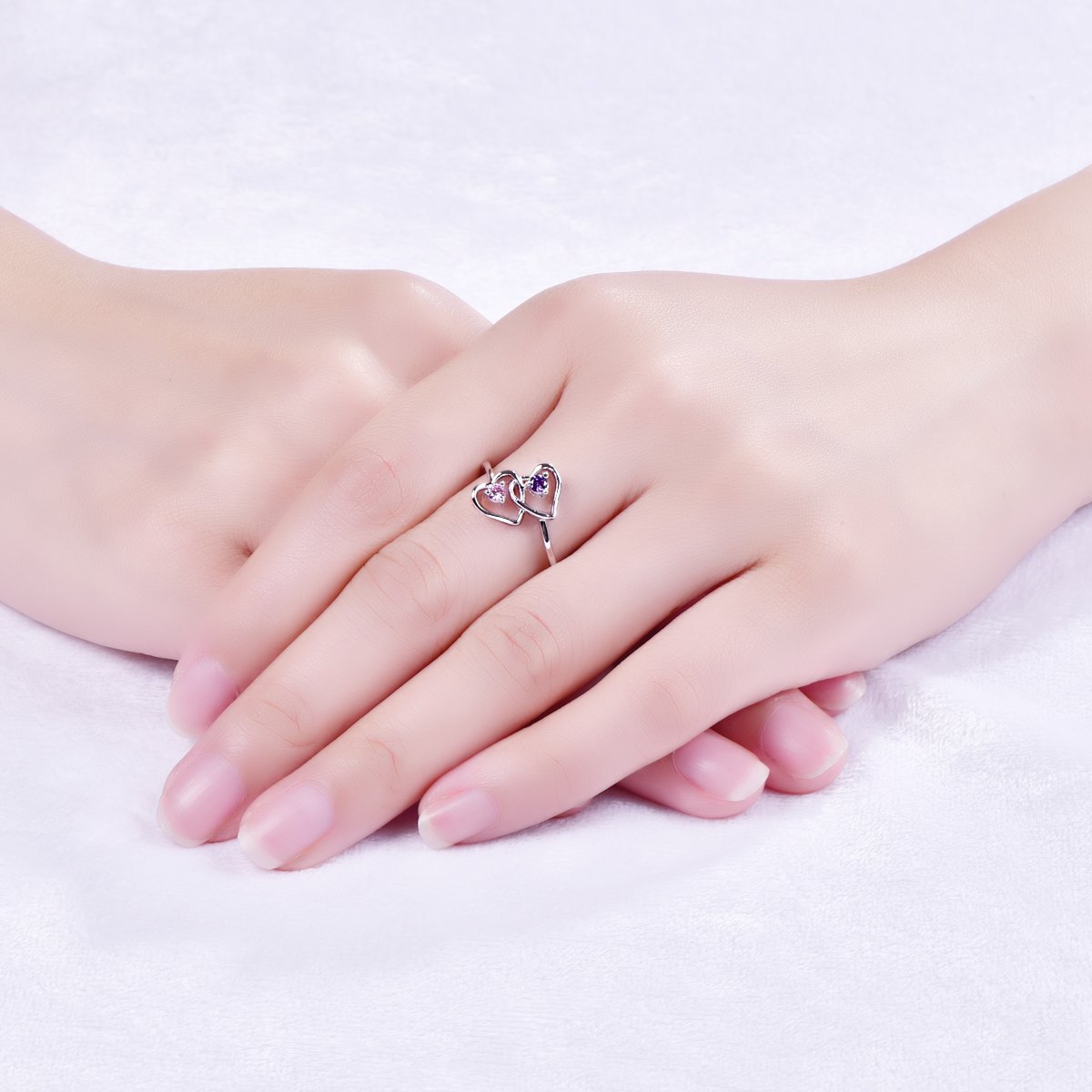Veunora Silver Plated Created Amethyst and Pink Topaz Cubic Zirconia Filled 2-Stone Heart by Heart Forever Love Ring Women Gift Size 8