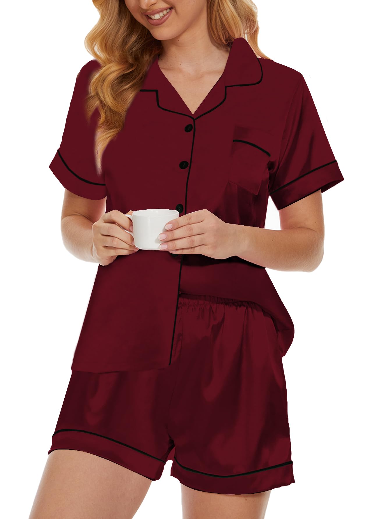 VENTELAN Women's Pajama Set Plus Size Super-Soft Short & Long Sleeve Top With Pants Two-piece Pjs Set,M Pink