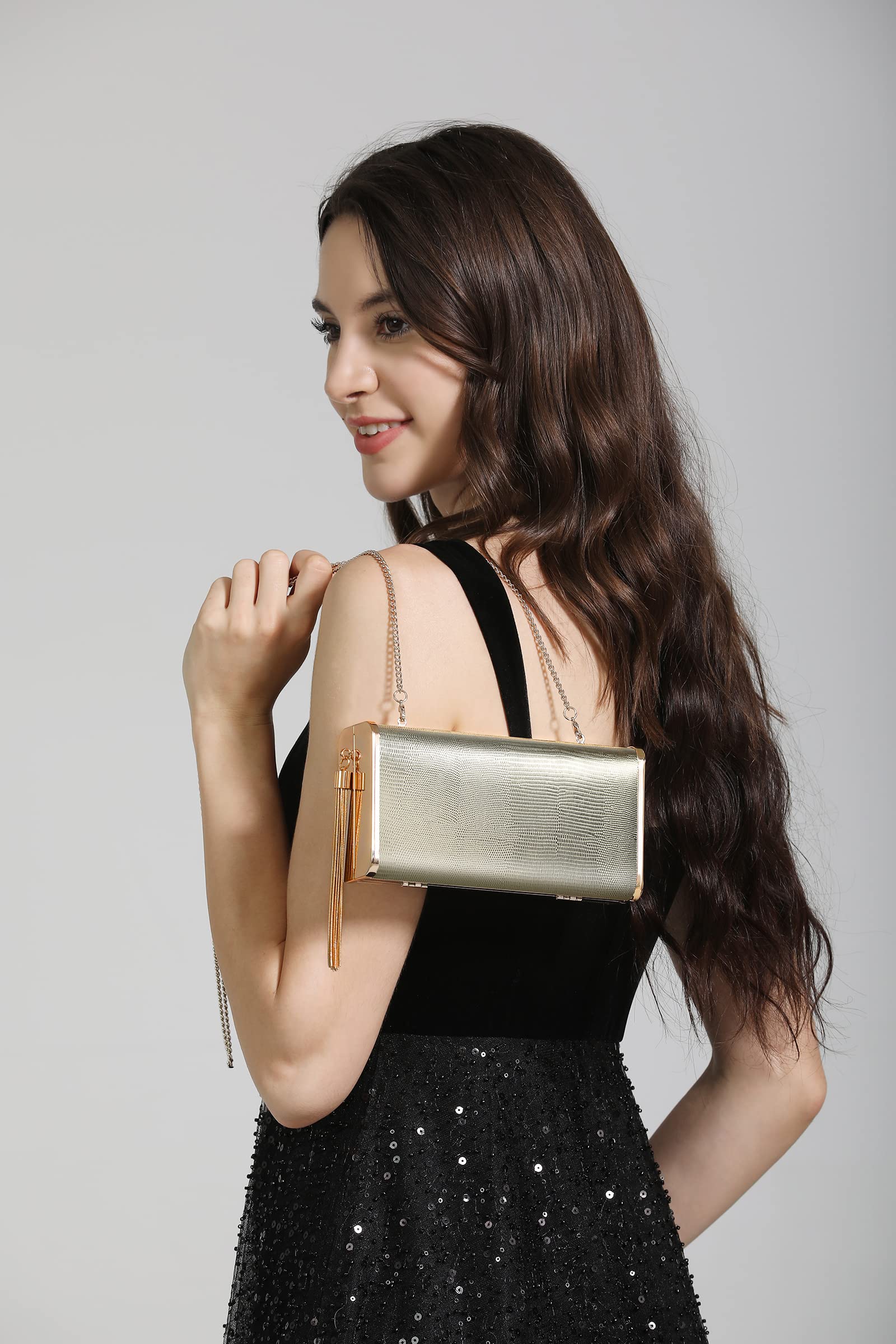 Women Gold Clutch Purse Small Box Sparkly Evening Bag in Hardcase with Metallic Tassel for Party Wedding with Gift Packing