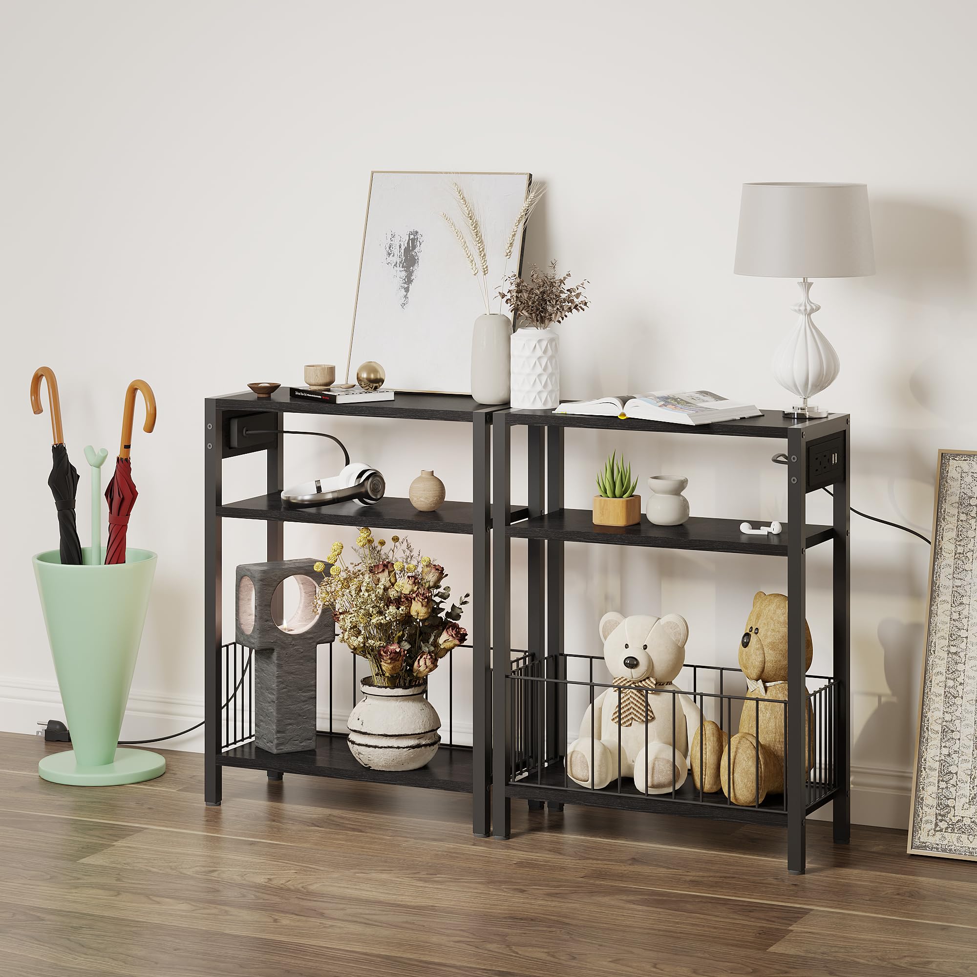 TRIFEBLE End Table with Charging Station, Narrow Side Table with Storage Shelf, Modern Sofa Table for Small Spaces, 3 Tier Nightstand with Steel Wire Basket for Living Room, Bedroom, Rustic Brown