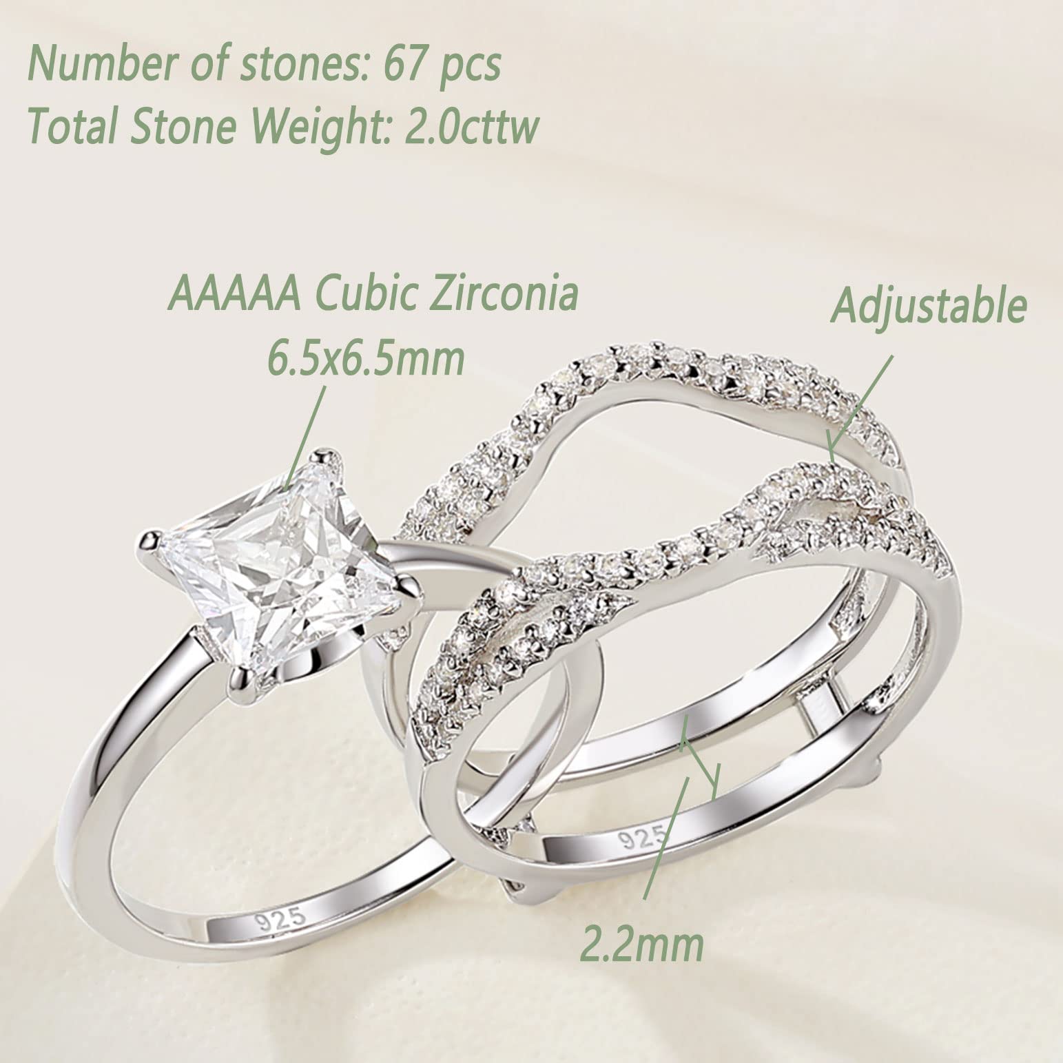 Wuziwen 2 Carat Princess Cut 925 Sterling Silver Ring Enhancers CZ Wedding Ring Sets For Women Size 10