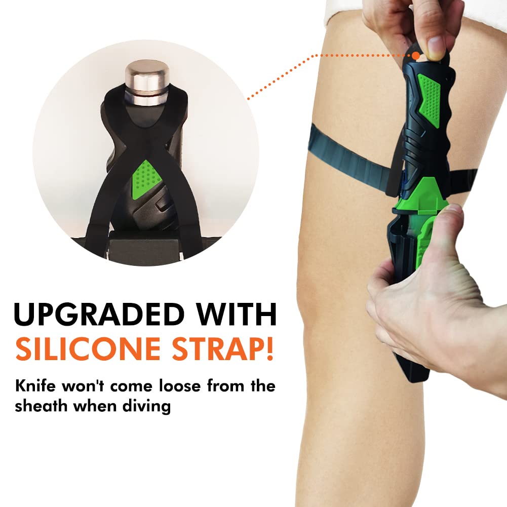Scuba Diving Knife with Leg Strap Sheath and Silicone Strap, Double Edged Tactical Sharp Dive Stainless Steel Blade with Lock Release Button for Divers Snorkeling Spearfishing Hunting Hiking, Green