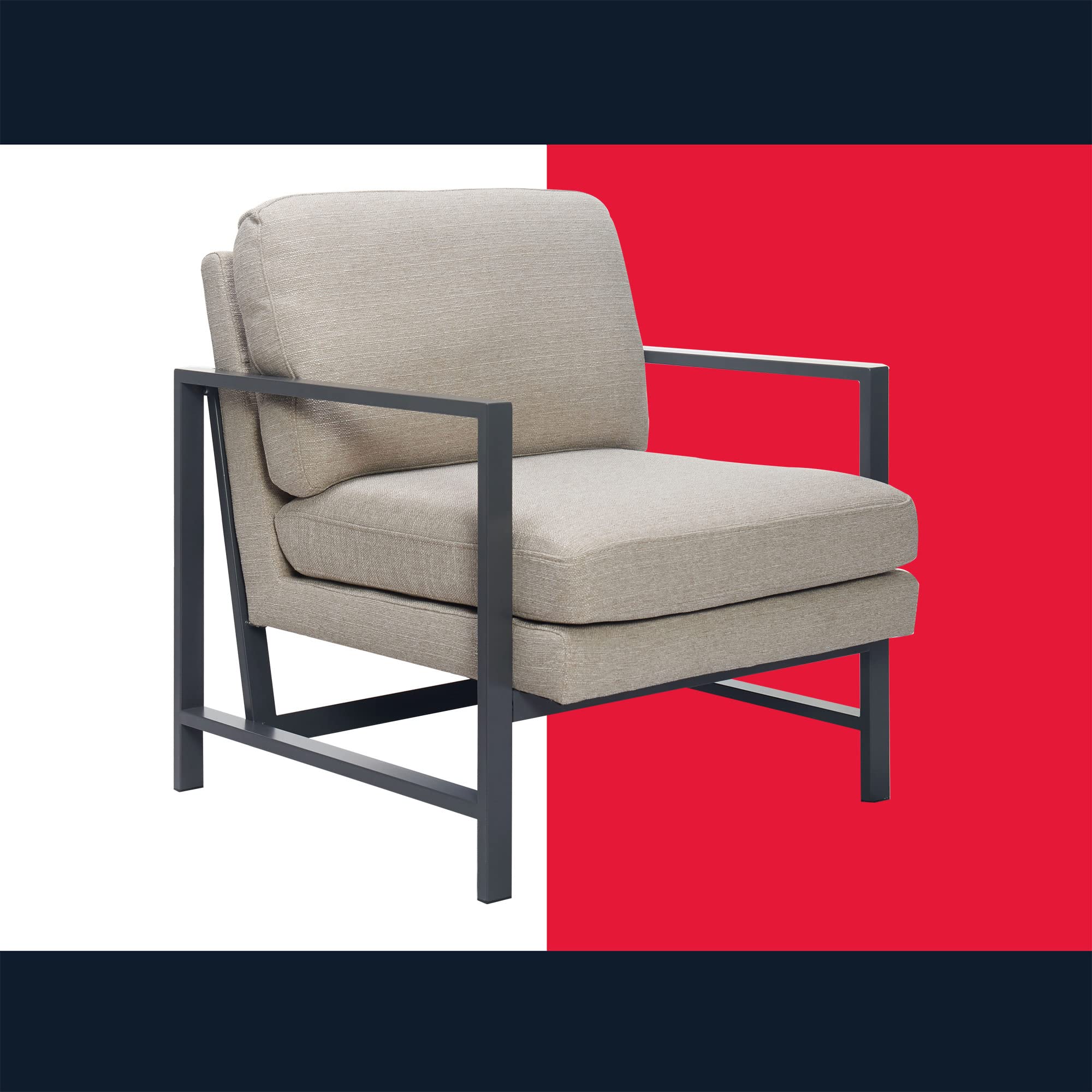Tommy Hilfiger Russell AccentChair, Medium-Soft Pillow Back, Mid-Century Modern & Industrial Armchair, Comfortable LoungeChair for Living Room, Bedroom, or Office, Gray Square Metal Frame in Linen
