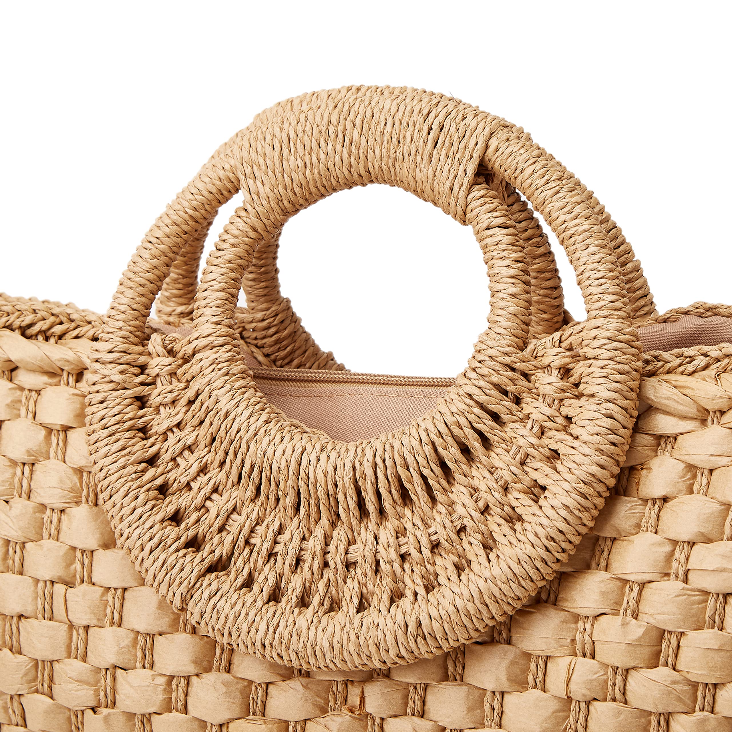 Women Straw Handbag, Large Capacity Woven Handmade Round Handle Hobo Bag, Casual Retro Vacation Beach Bag