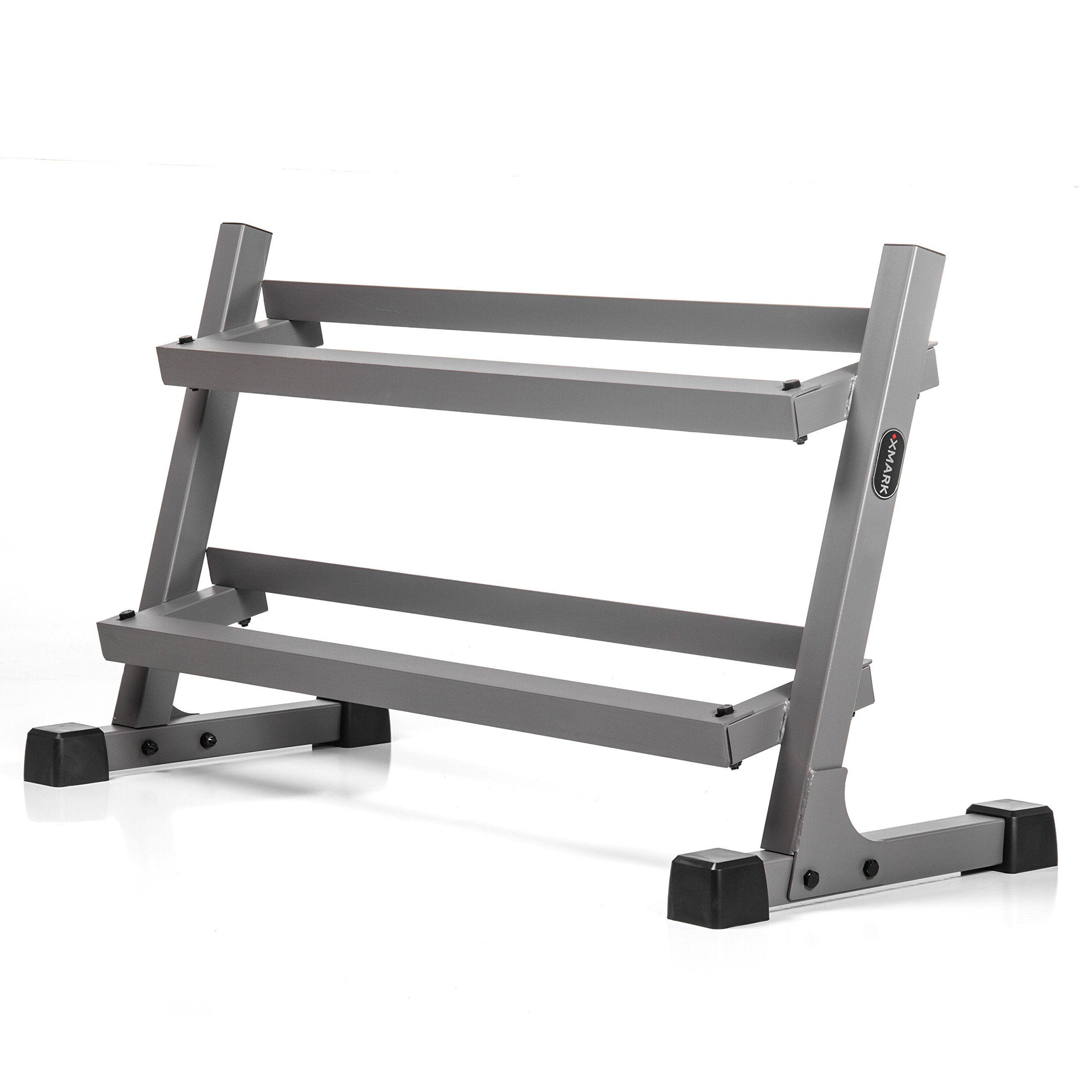 XMark's Two Tier Heavy Duty Steel Dumbbell Rack with Angled Shelves Fully Loaded with 380 lbs. of XMark's Superior Rubber Coated Hex Dumbbells