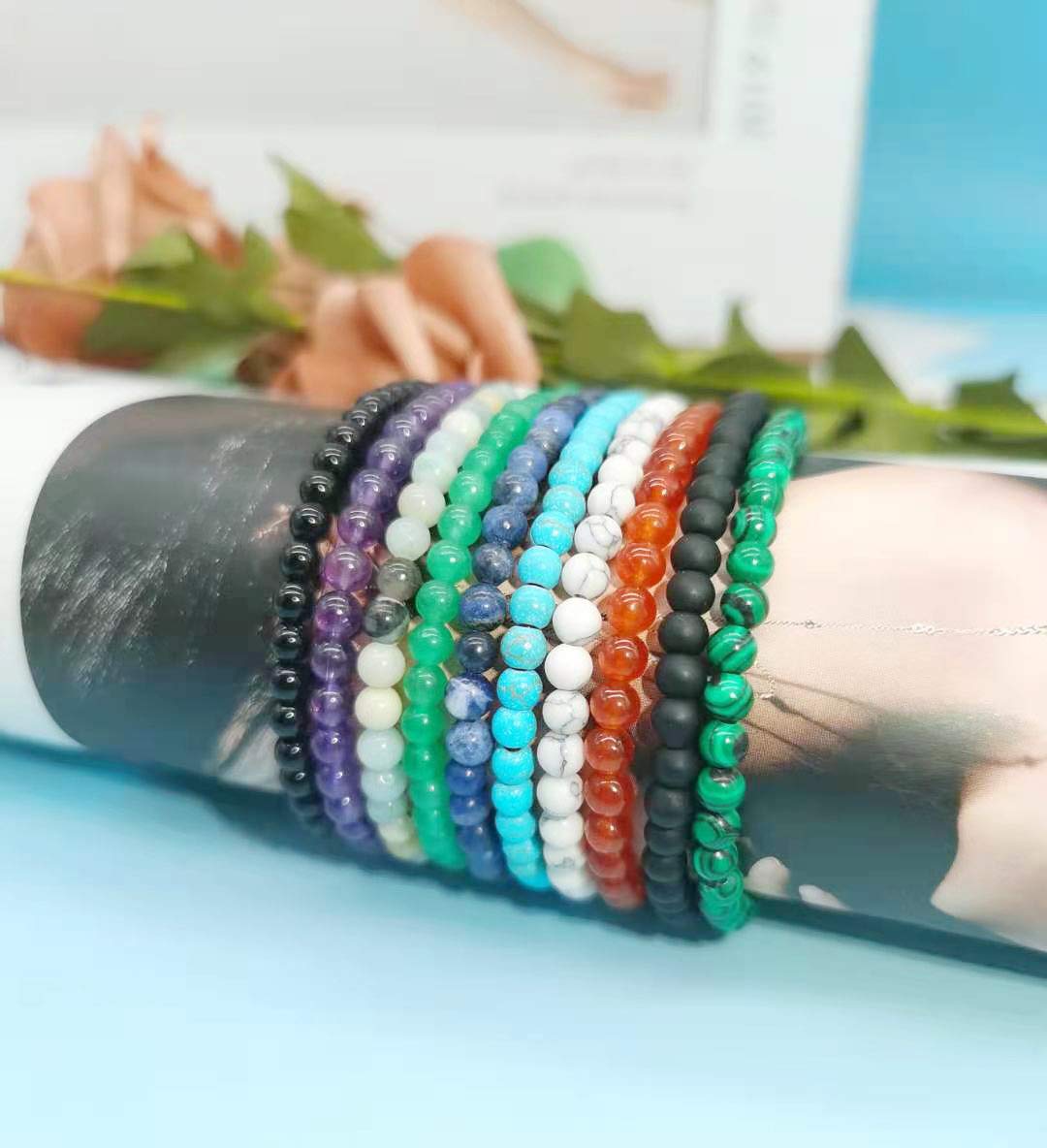 WAINIS 10 Pcs 4MM Mini Semi Precious Gemstone Energy Bracelets for Women Tiny Bracelet Stone Statement Bracelet Charm Beaded Couples Bracelets
