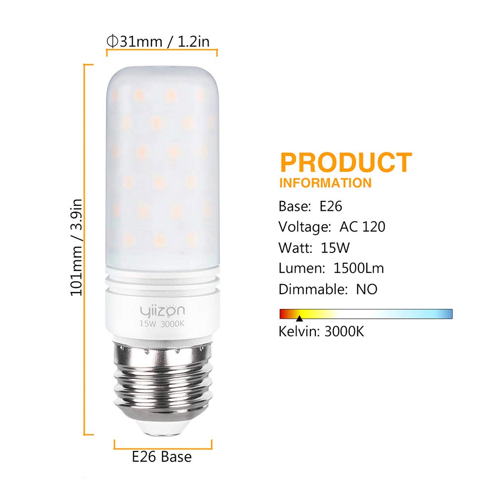 YIIZON E26 LED Corn Bulbs 15W, Candelabra LED Light Bulbs, 3000K Warm White, 1500LM, 120W Incandescent Equivalent, Edison Screw LED Light Bulbs Non-dimmable,4-Pack