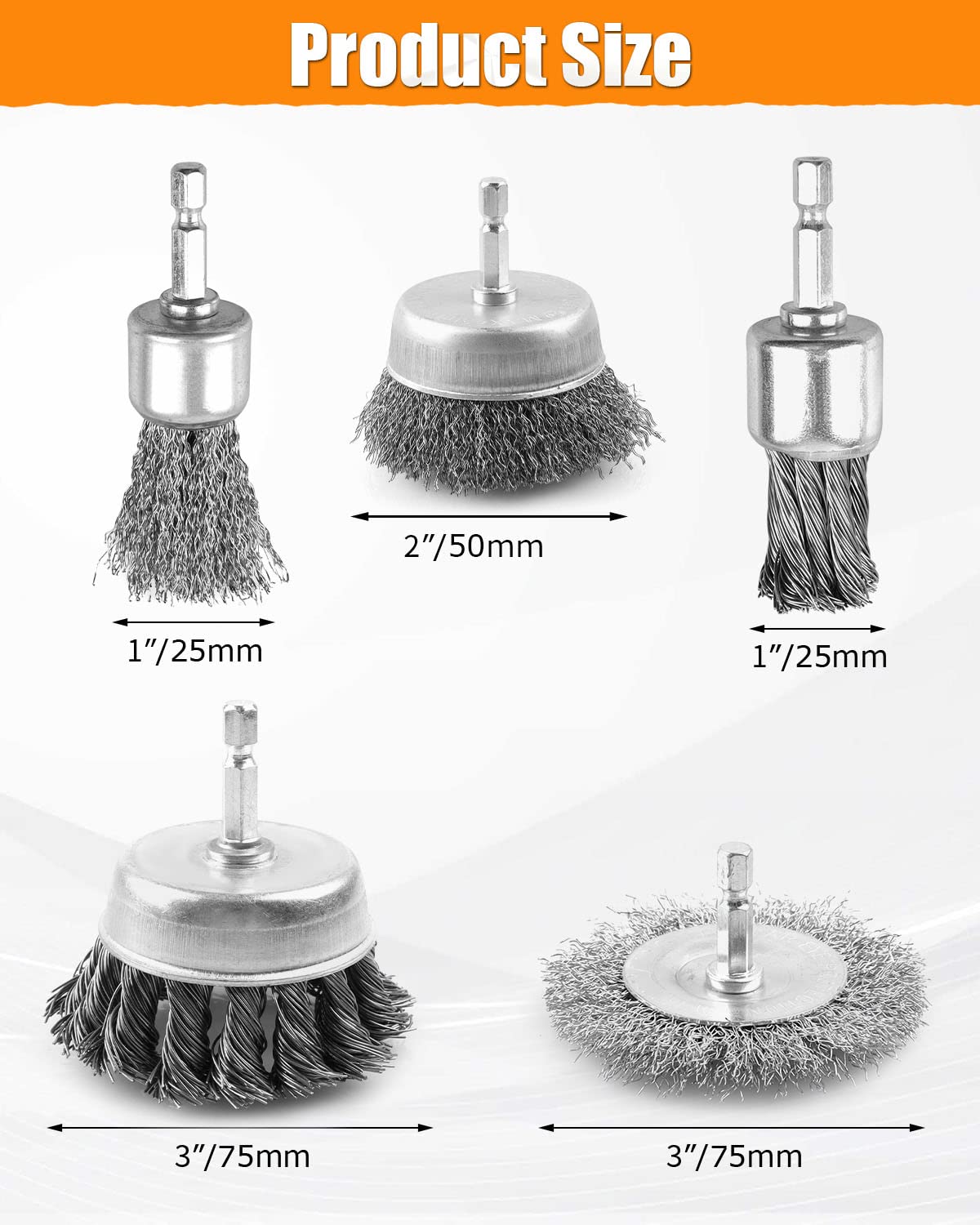 WENHUALI 5 Pcs Drill Wire Brush Set, Heavy Duty Wire Brush Wheel for Drill, 1/4'' Hex Shank Wire Brush Drill Attachments Coarse Carbon Steel Crimped, Great for Cleaning Rust, Paint, Abrasive